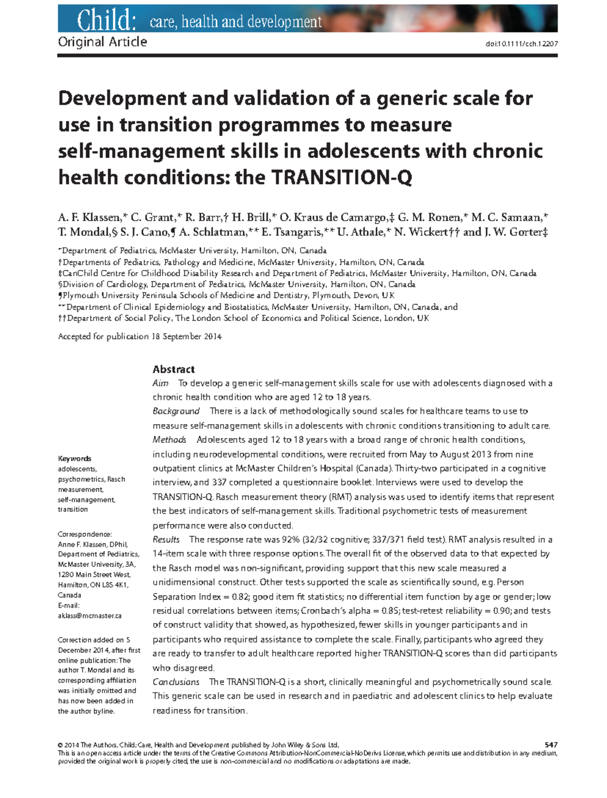 Child - 2014 - Klassen - Development and validation of a generic scale ...