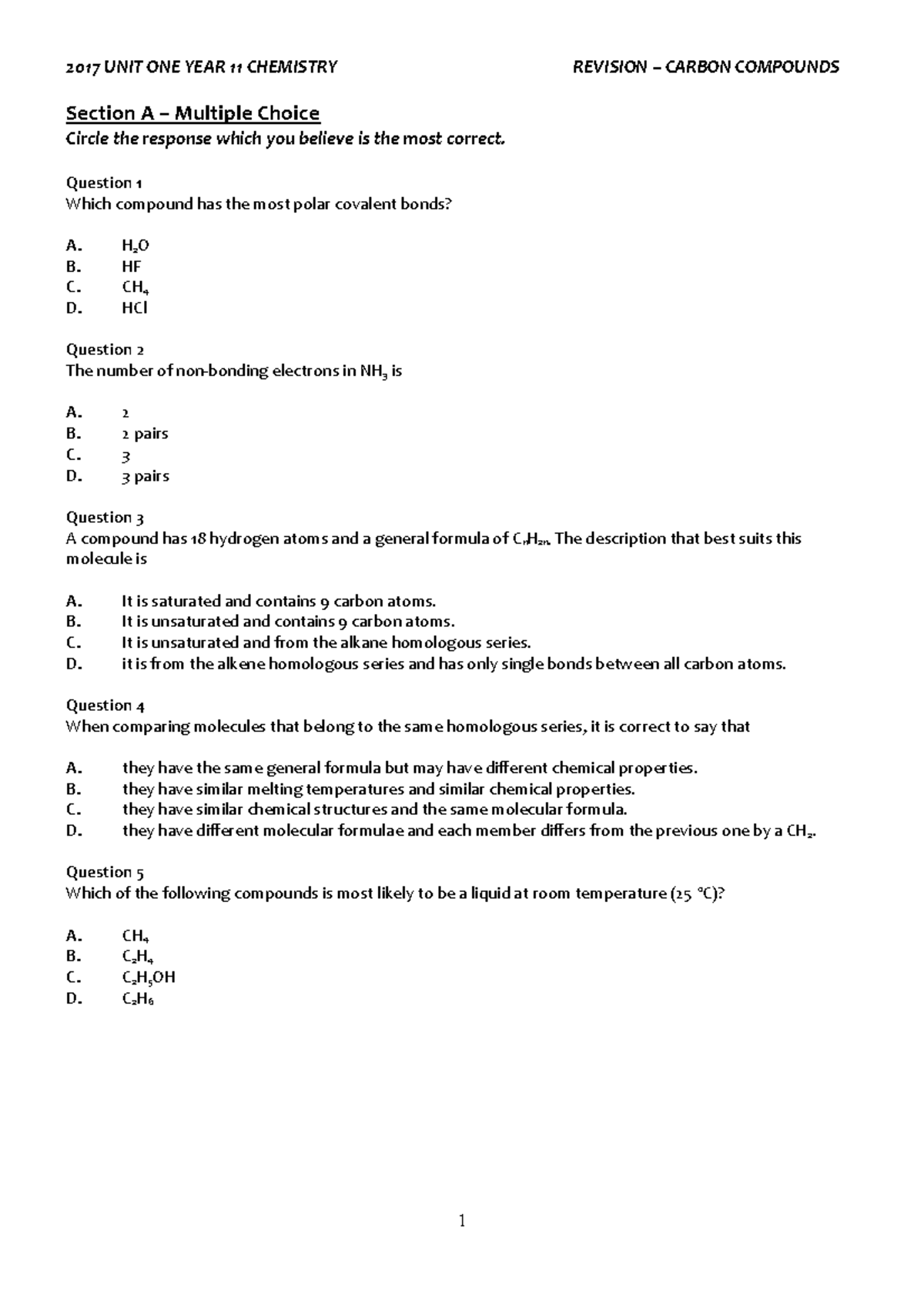 Chemistry C6,7,9 (Ver1) Questions - Section A – Multiple Choice Circle ...