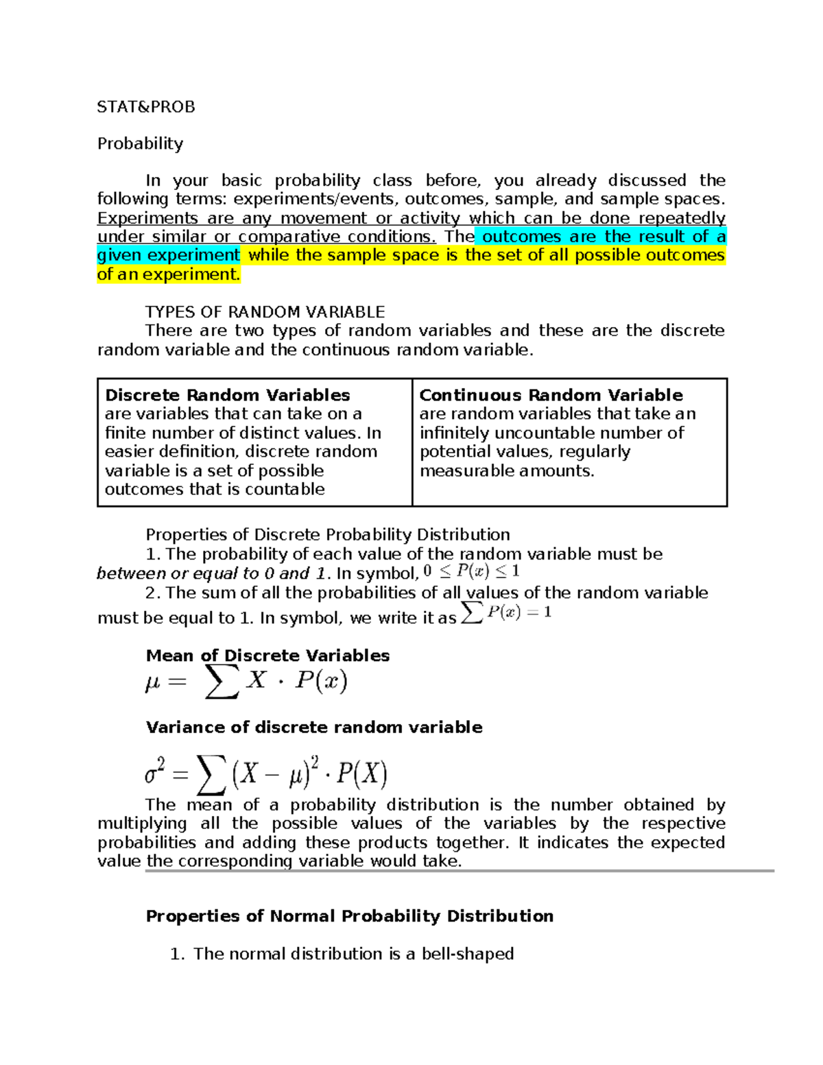 Stats & Probs - Probability and Types of Variables - STAT&PROB ...