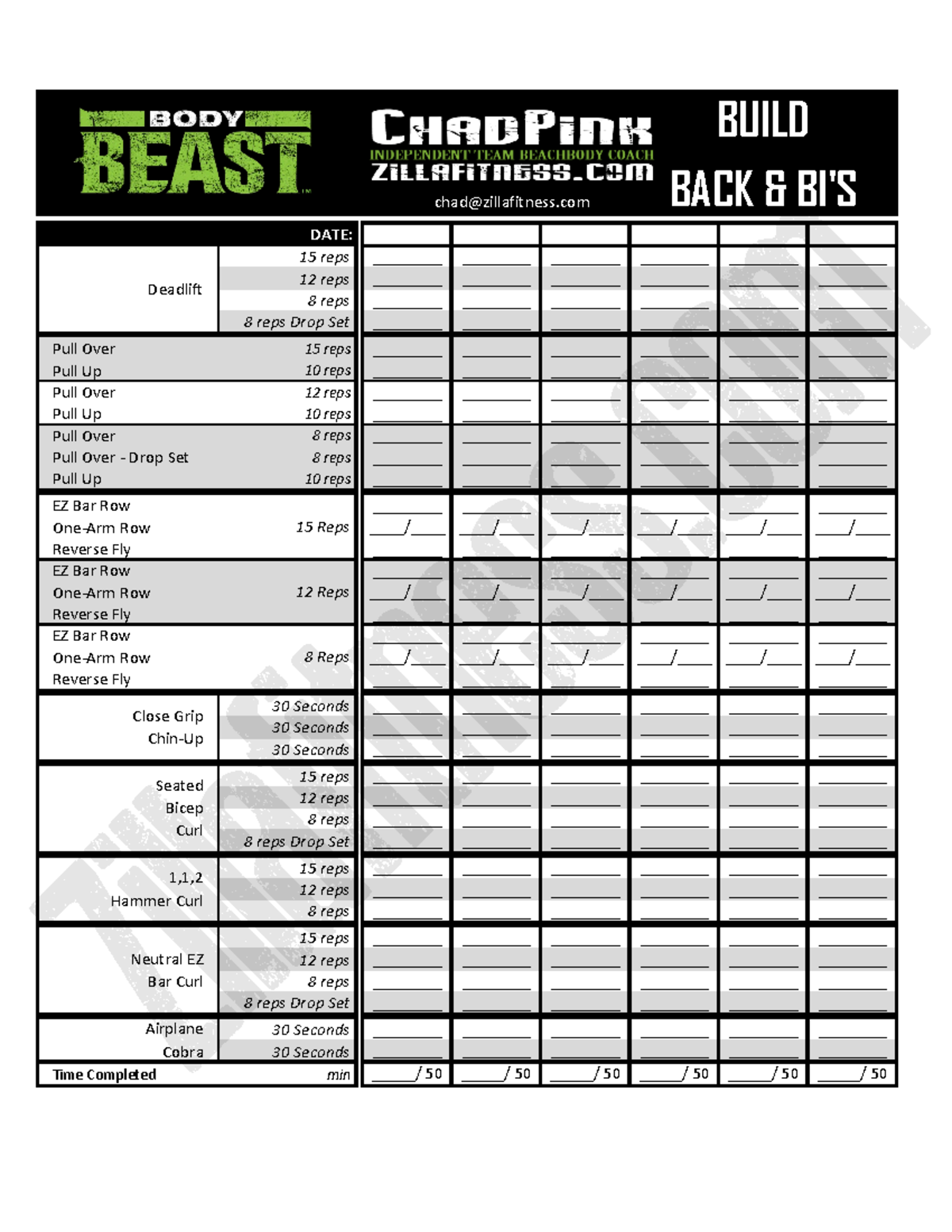 BODY Beast Worksheets - THE BEST - chad@zillafitness DATE: 15 reps