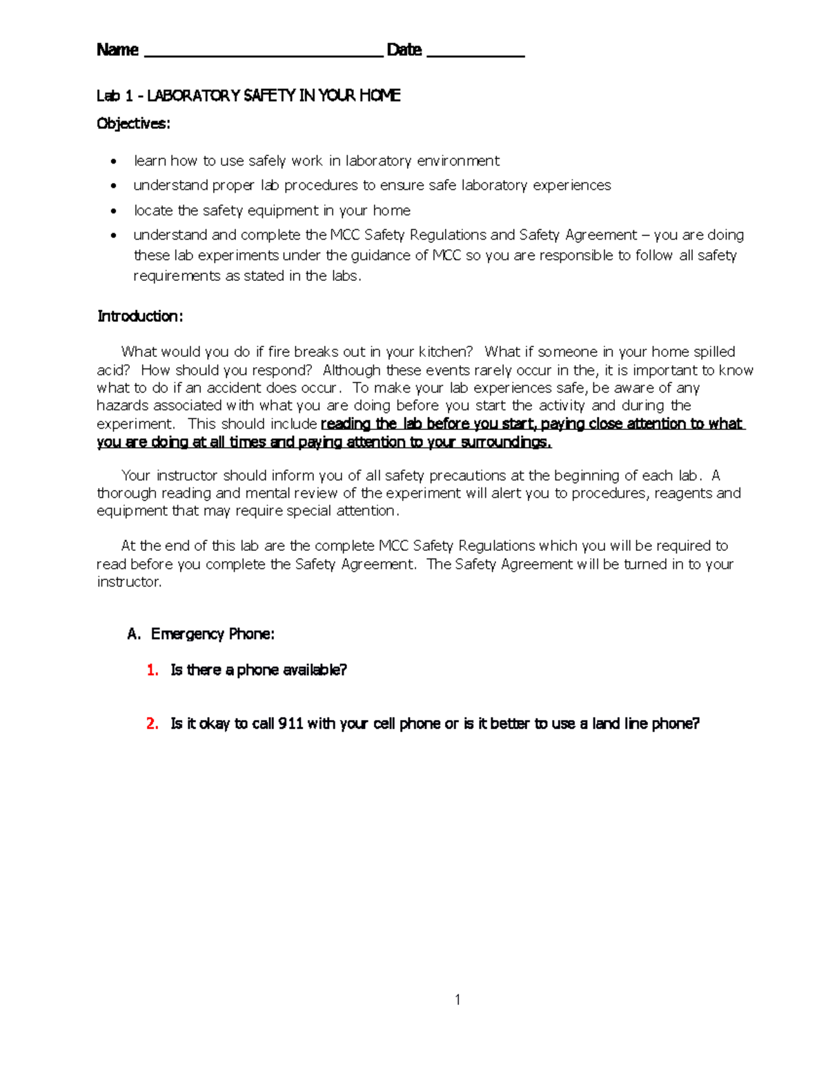 Online Lab Safety - Homework help - Lab 1 - LABORATORY SAFETY IN YOUR ...