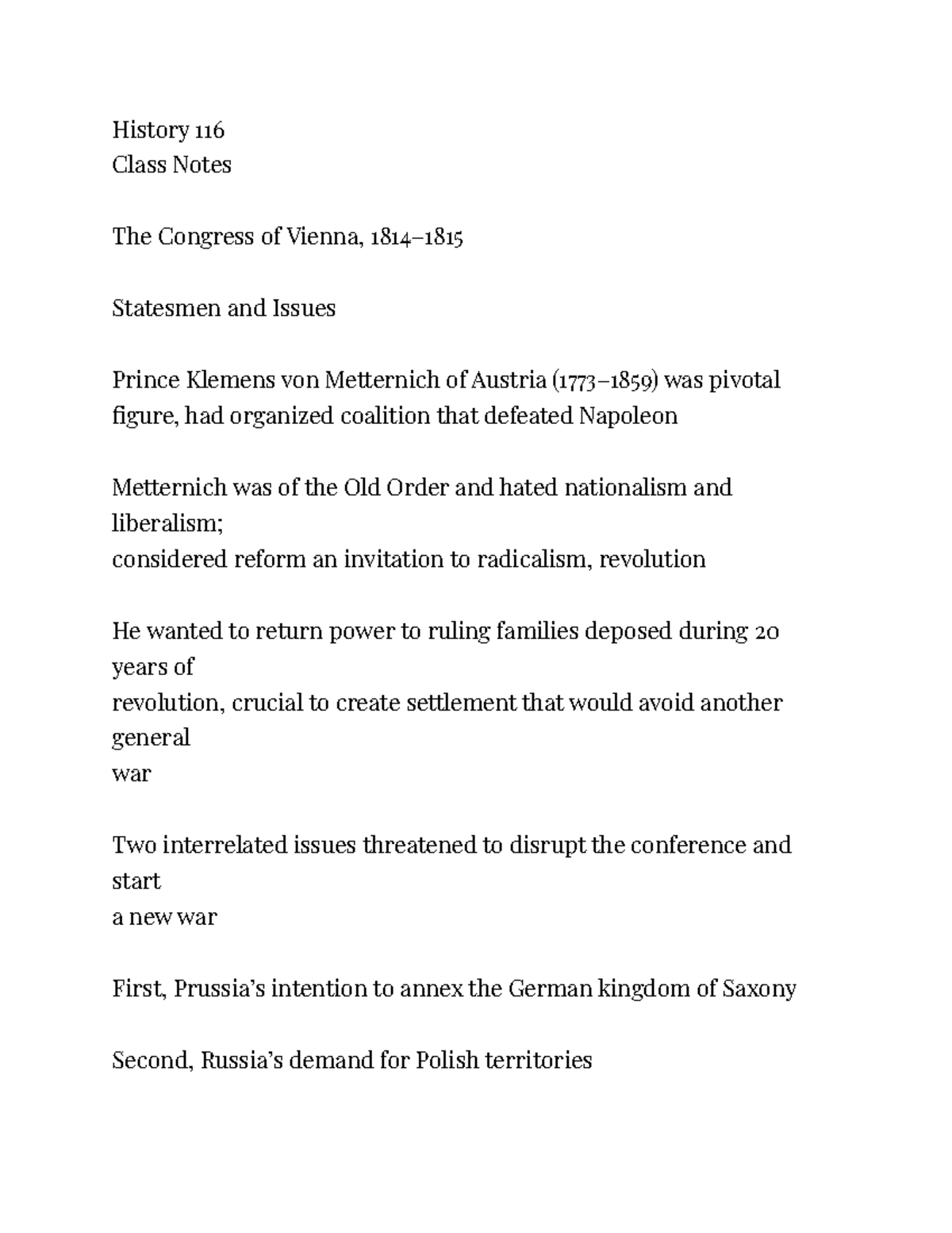 HIS 9 - The Congress of Vienna - History 116 Class Notes The Congress ...