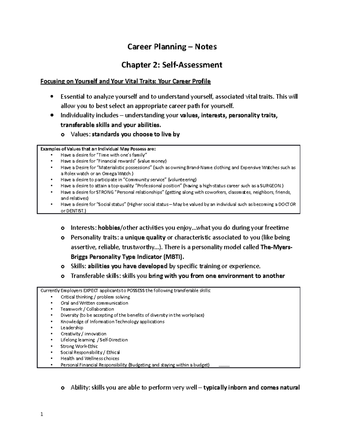 Career Planning (Chapter 2) - Career Planning – Notes Chapter 2: Self ...