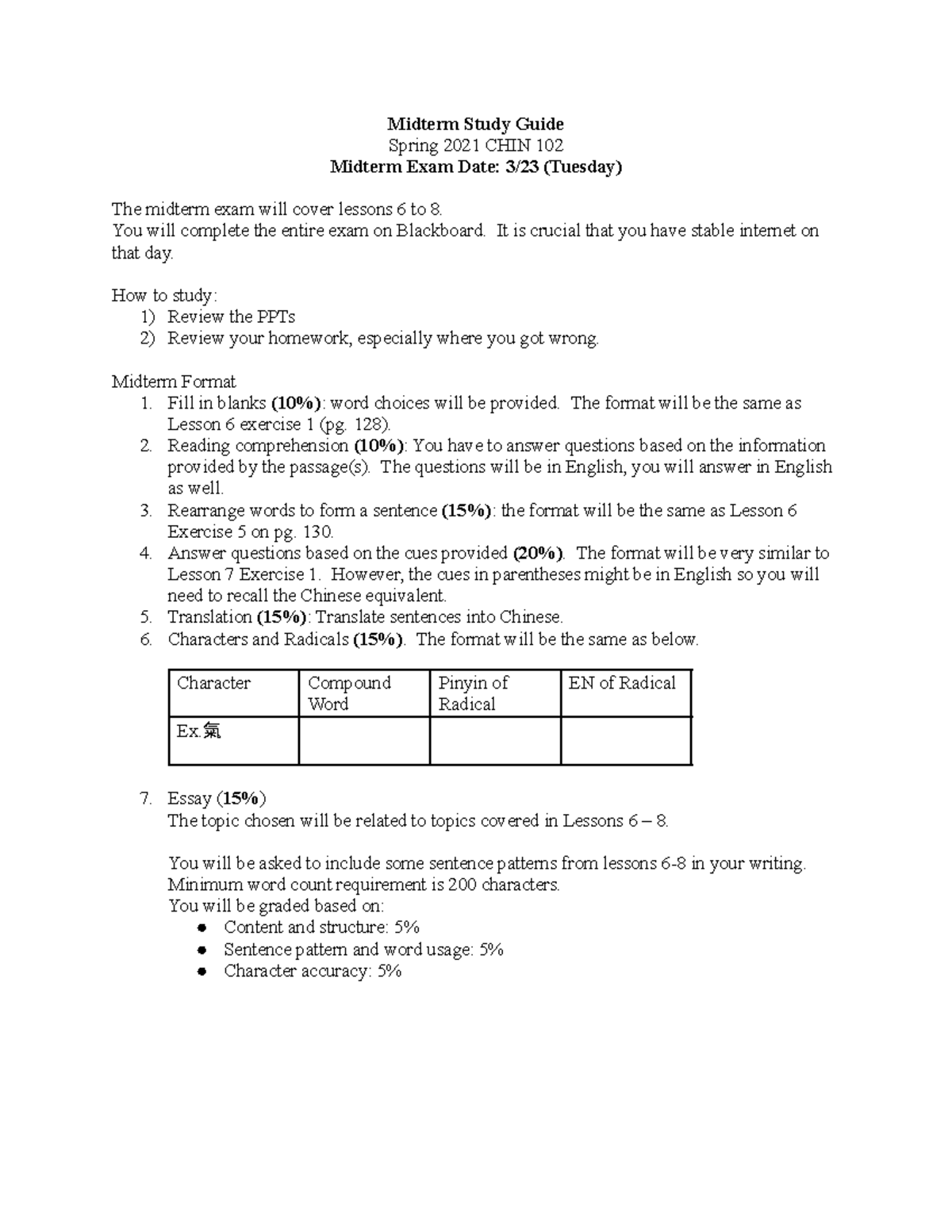 Midterm Study Guide sp21 - Midterm Study Guide Spring 2021 CHIN 102 Midterm Exam Date: 3/23 ...