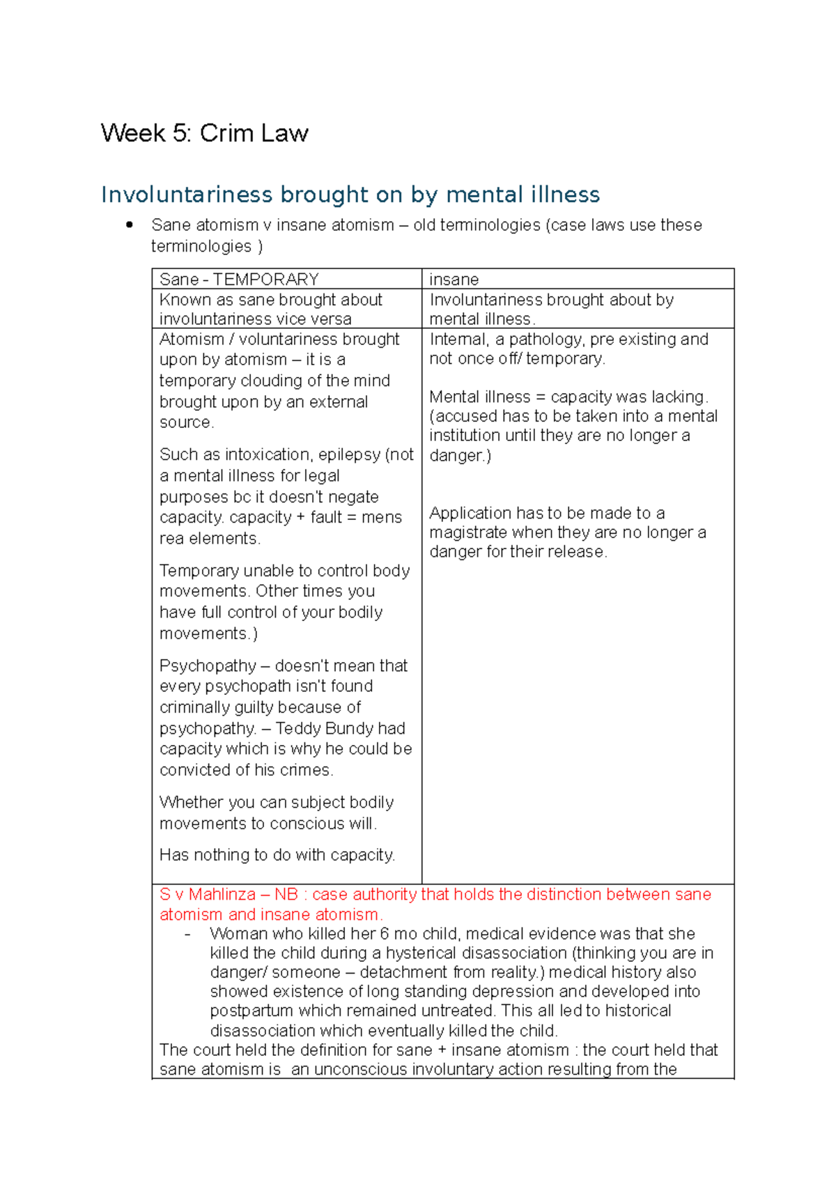 Crim Law week 5 - summaries - Week 5: Crim Law Involuntariness brought ...