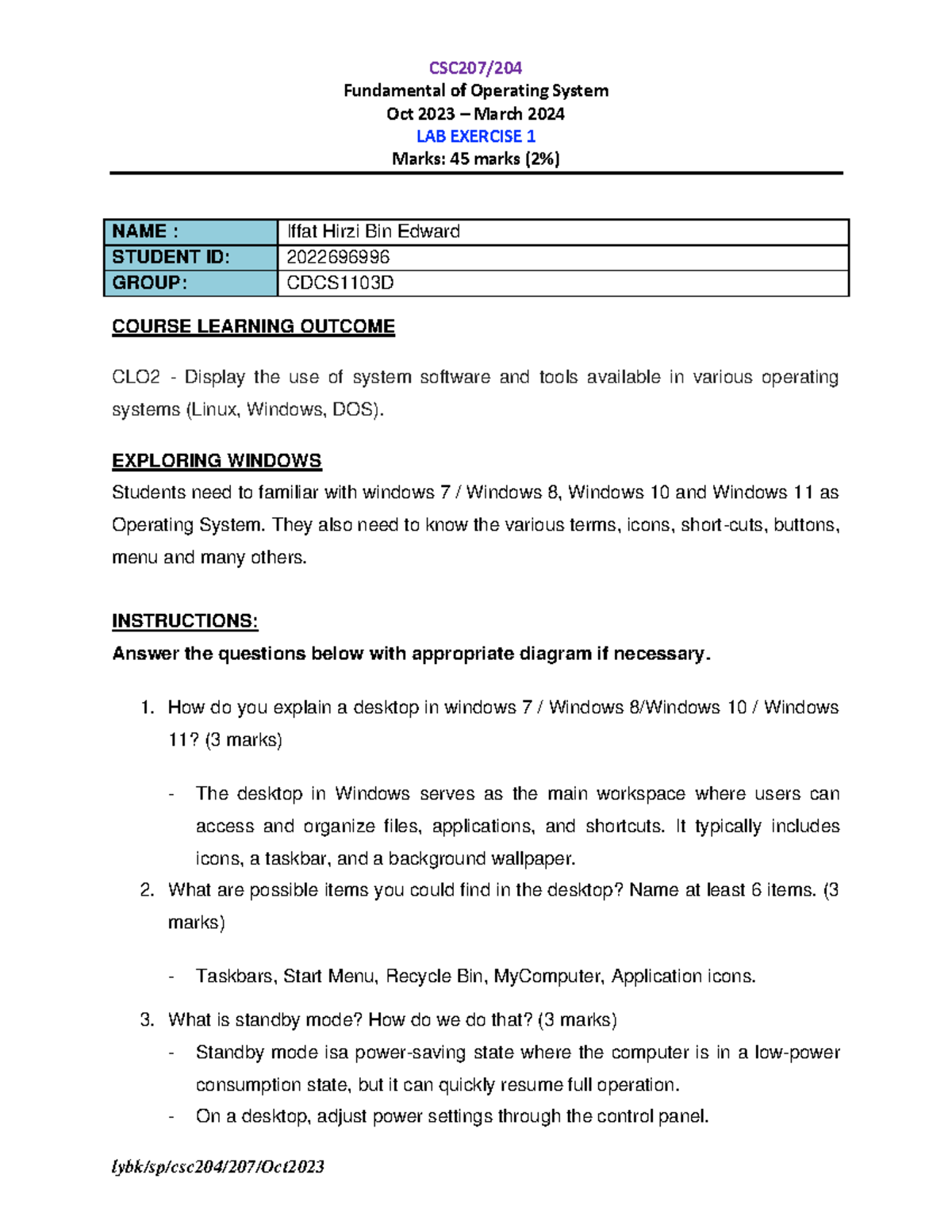Lab 1 October 2023 - CSC207/ Fundamental of Operating System Oct 2023 ...