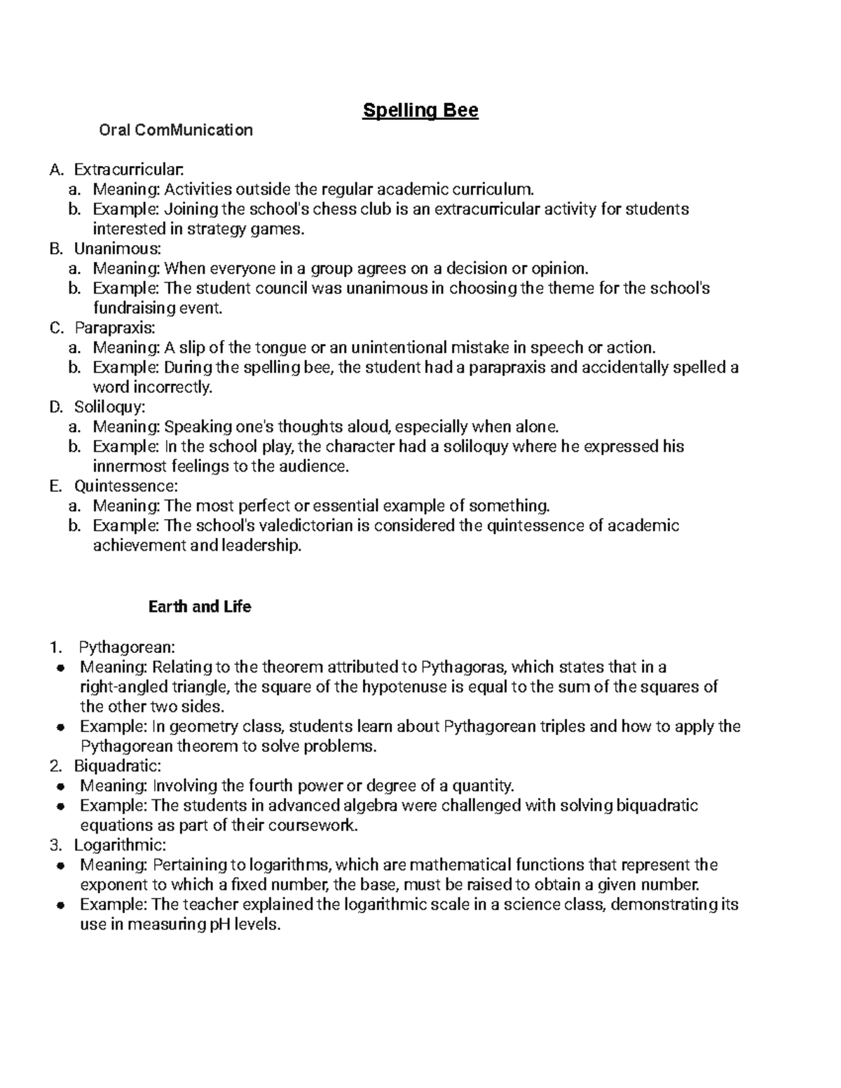 Spell bee - Spelling Bee Oral ComMunication A. Extracurricular: a ...