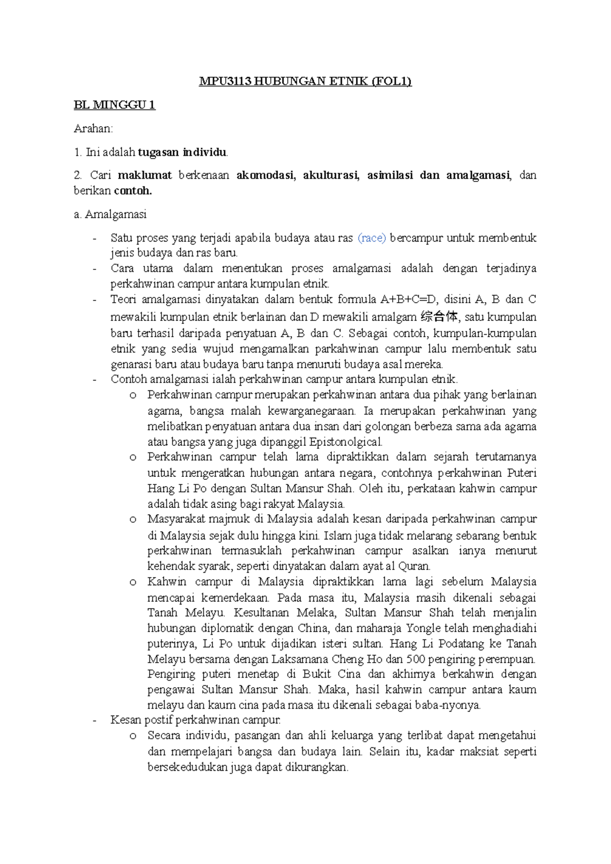 Task 1 - Cari maklumat berkenaan akomodasi, akulturasi, asimilasi dan ...