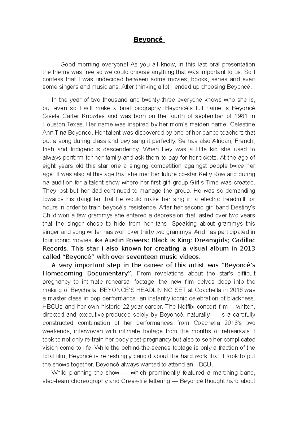 Beyoncé - apresentação oral - Beyoncé Good morning everyone! As you all ...