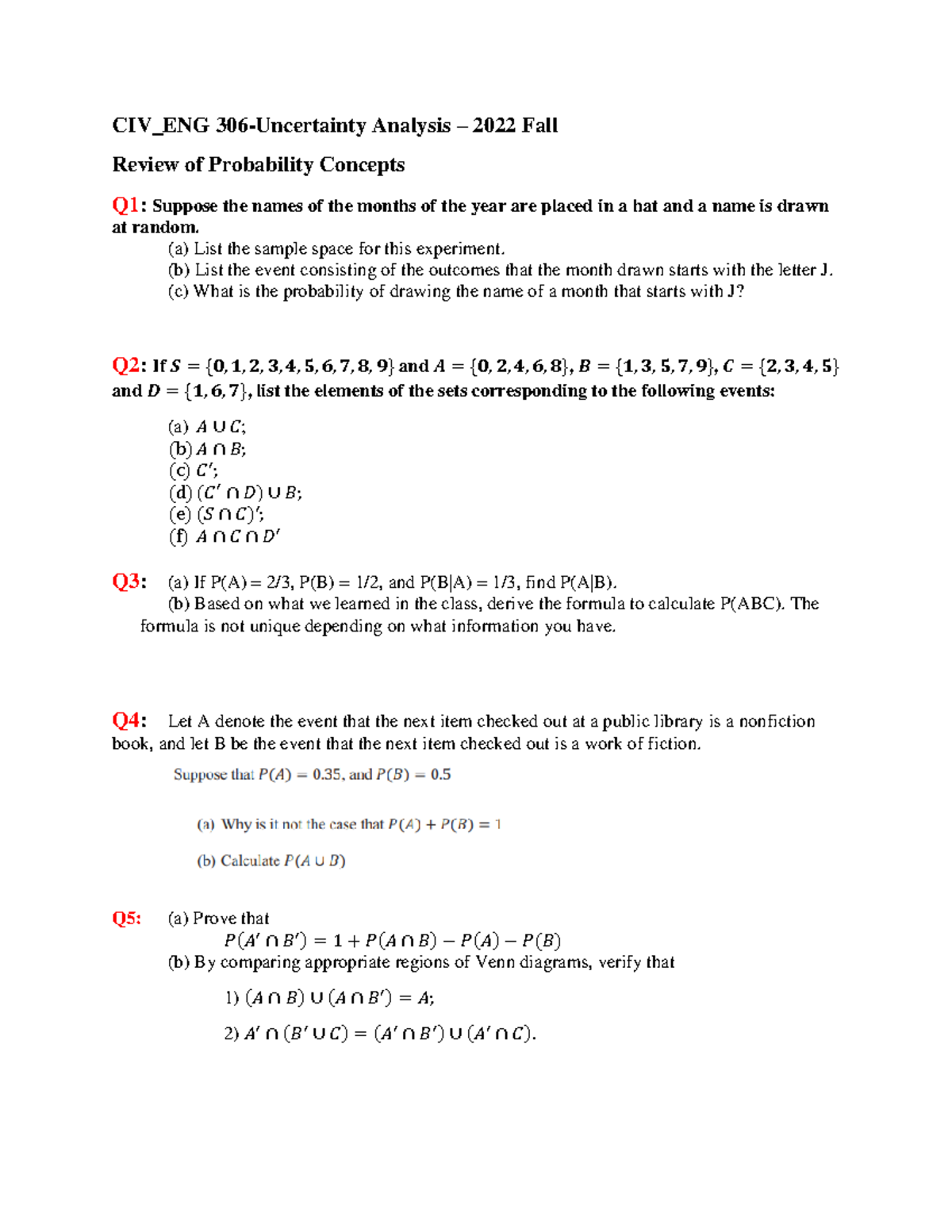CIV ENV 306 -Assignment 1 - CIV_ENG 306-Uncertainty Analysis – 2022 Fall Review of Probability ...