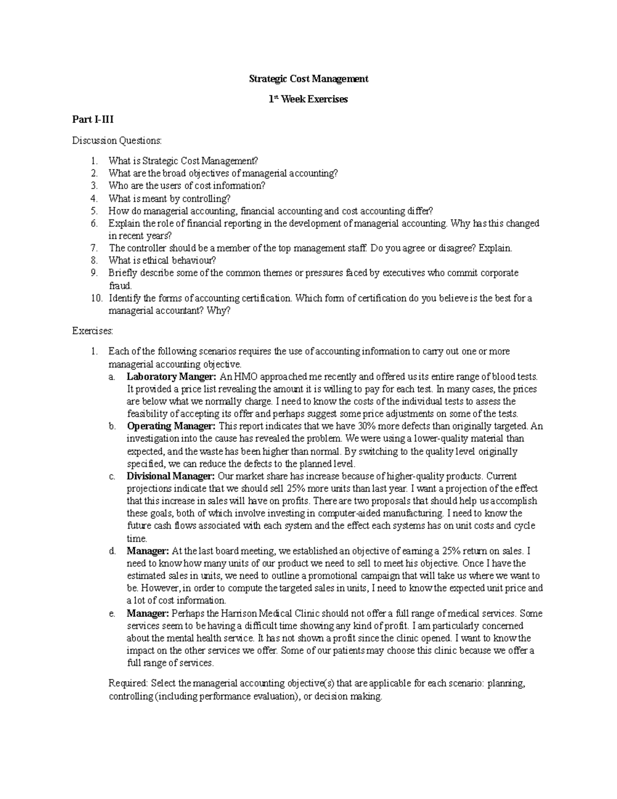 SCM 1st week exercises - SCM - Strategic Cost Management 1 st Week ...