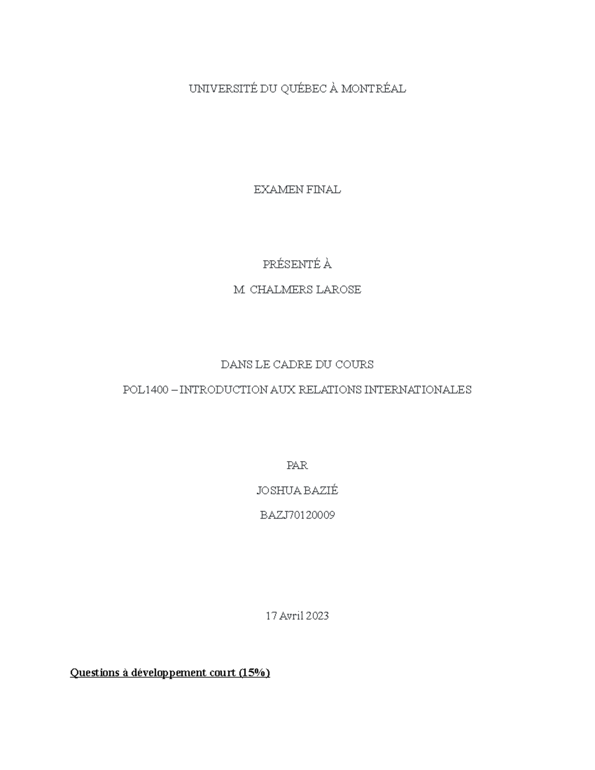 Examen Final POL1400 - UNIVERSITÉ DU QUÉBEC À MONTRÉAL EXAMEN FINAL ...