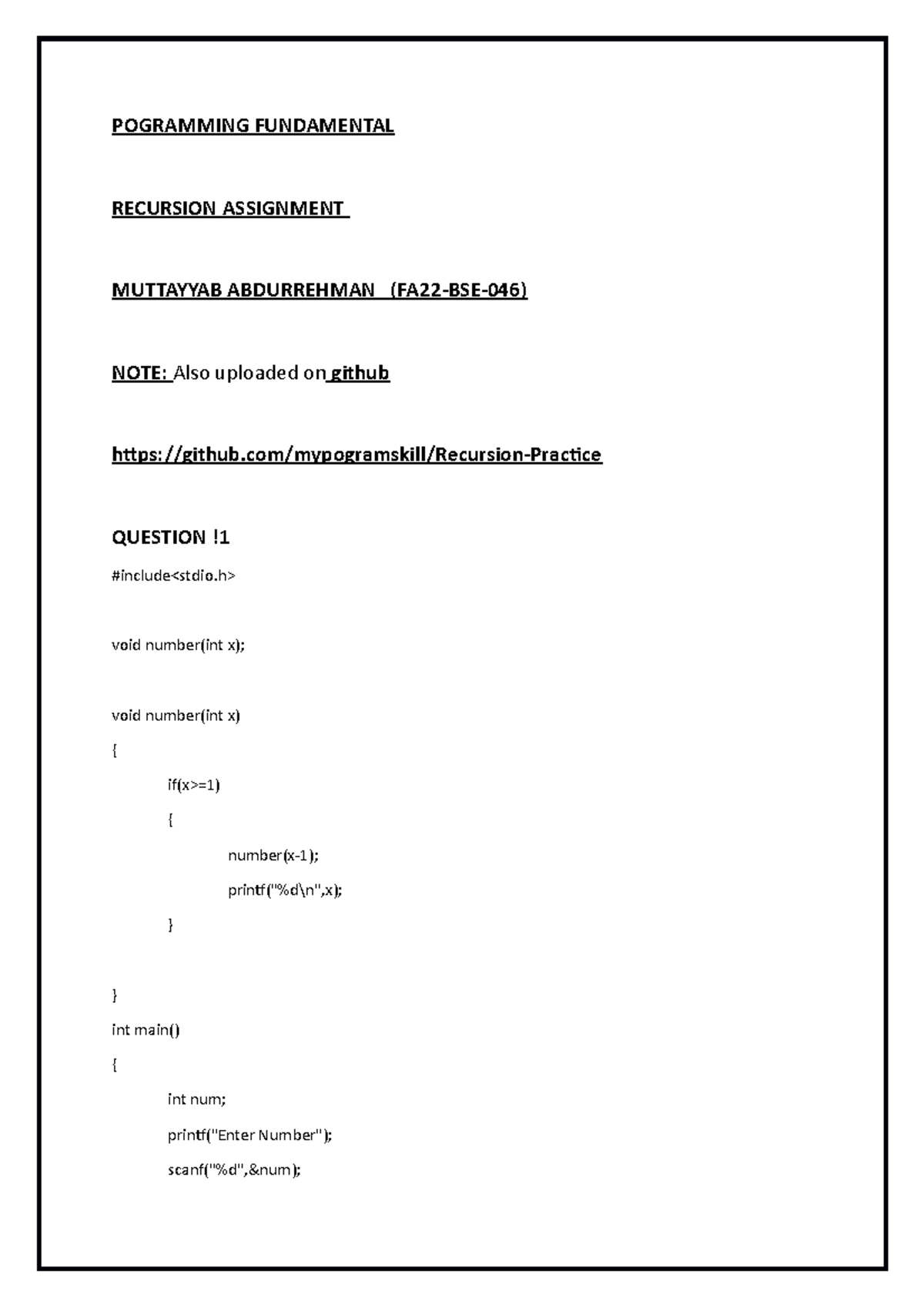 Pogramming Fundamental - POGRAMMING FUNDAMENTAL RECURSION ASSIGNMENT MUTTAYYAB ABDURREHMAN - Studocu