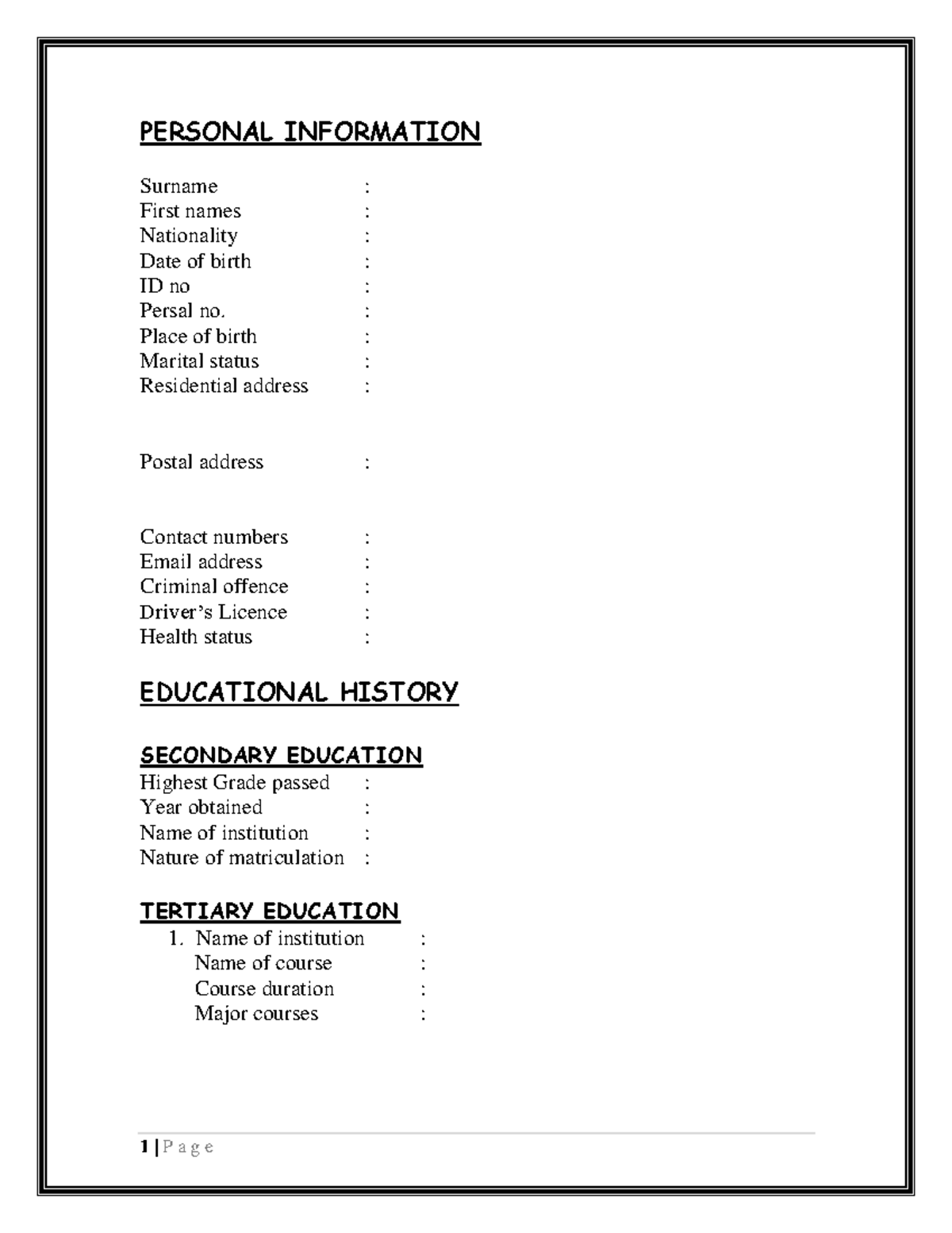 CV Skeleton - Grade 11 life orientation project term 3 - PERSONAL ...