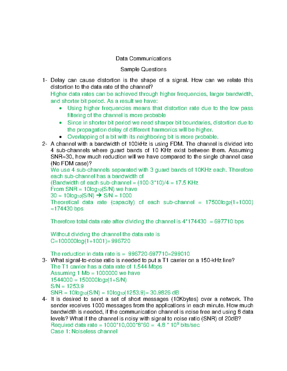 Data Communications Solutions 1 - Data Communications Sample Questions ...