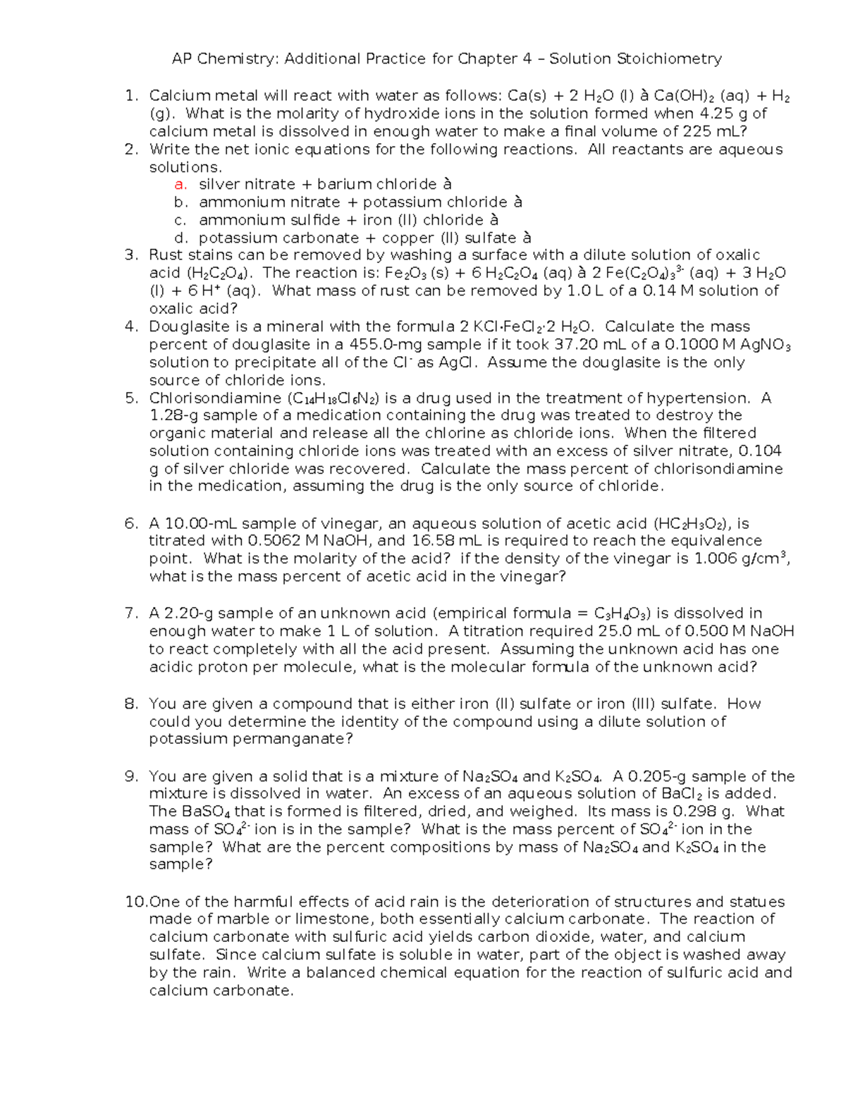 AP Chemistry Stoichiometry Practice - AP Chemistry: Additional Practice ...
