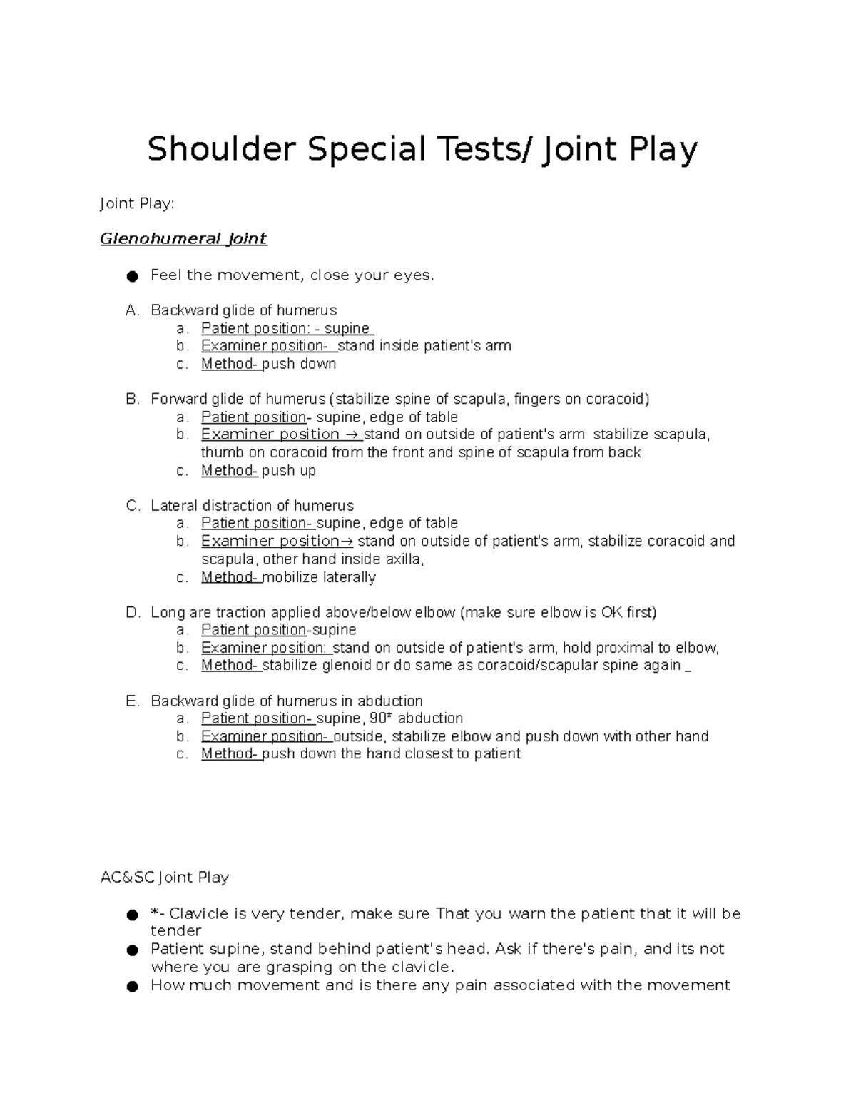 Exam Shoulder study guide - Shoulder Special Tests/ Joint Play Joint ...