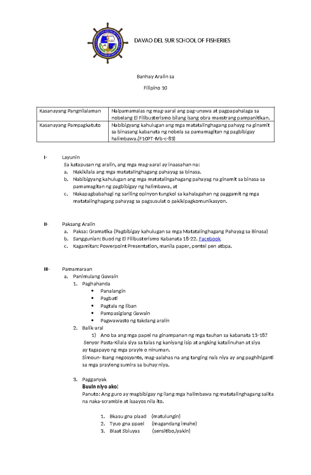 Lesson plan FIL 10 WEEK 2 - DAVAO DEL SUR SCHOOL OF FISHERIES Banhay ...