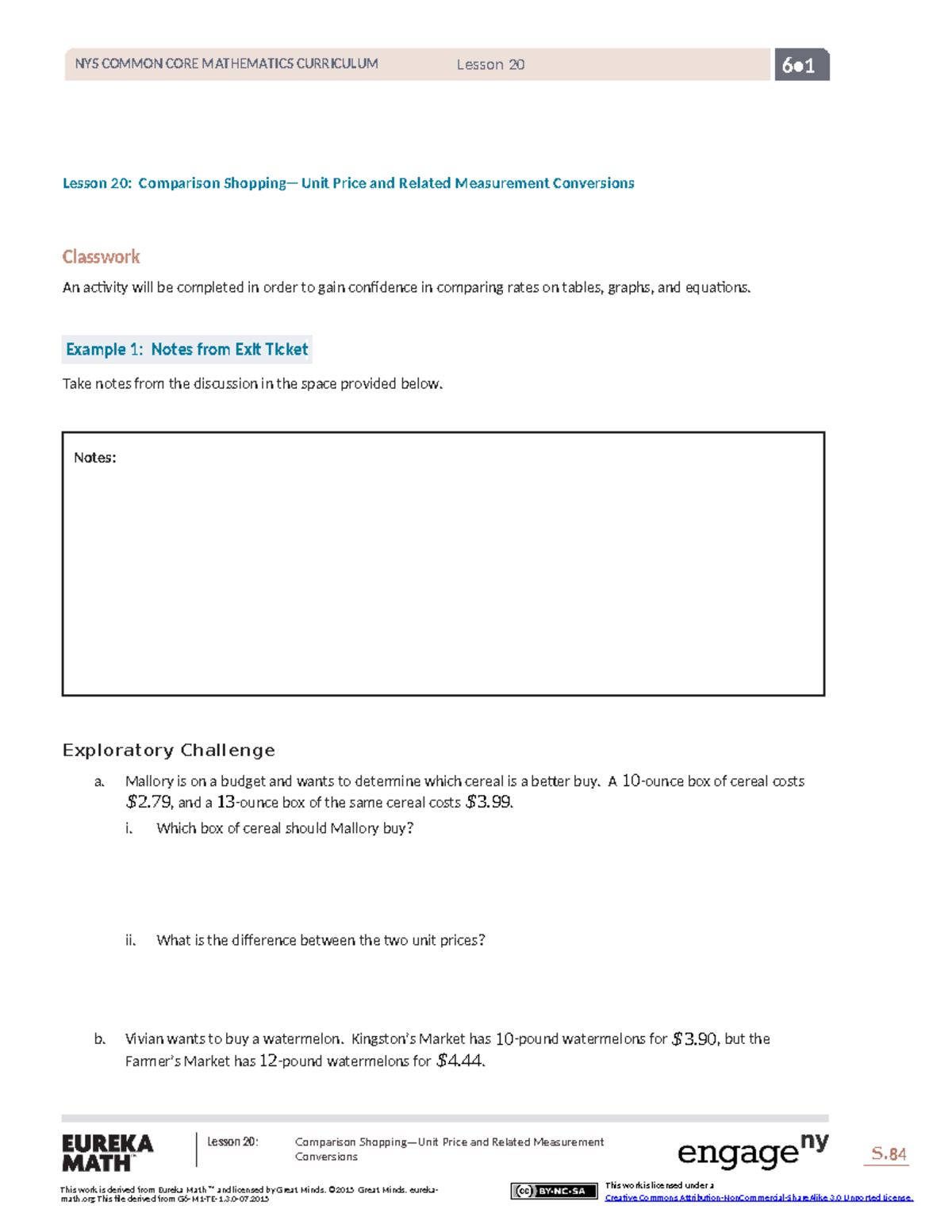 Math g6 m1 topic c lesson 20 student - Lesson 20: Comparison Shopping ...