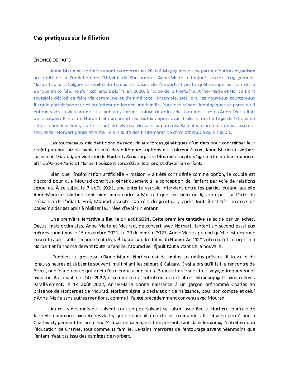 Cas pratiques sur la filiation - Cas pratiques sur la filiation ÉNONCÉ ...