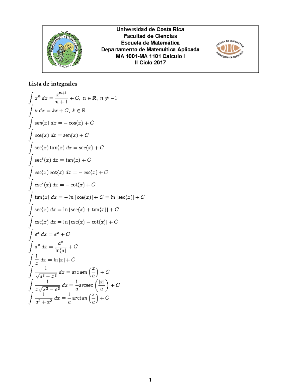 Lista de integrales - Studocu
