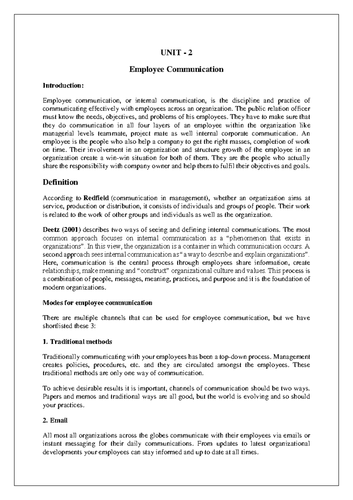 Unit - 2 Employee Communication - UNIT - 2 Employee Communication ...