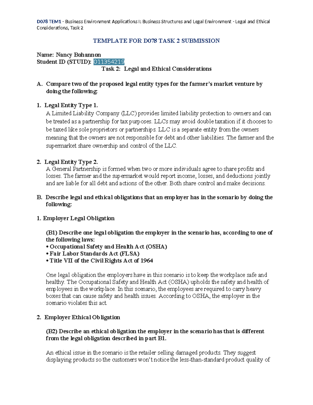 D078 - Task 2 Template - D078 TEM1 - Business Environment Applications ...