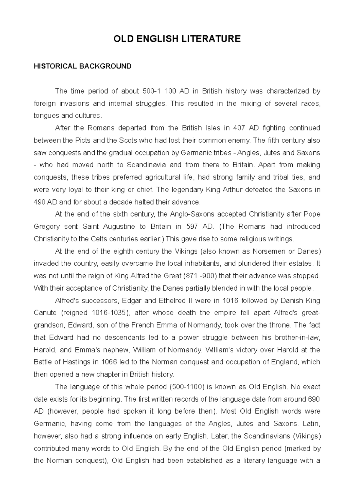 Old english literature - OLD ENGLISH LITERATURE HISTORICAL BACKGROUND ...