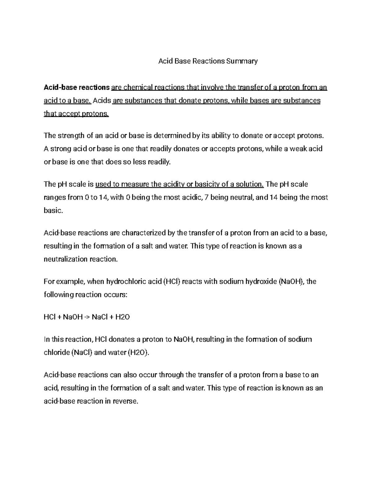 Acid Base Reactions Summaries - Acid Base Reactions Summary Acid-base ...