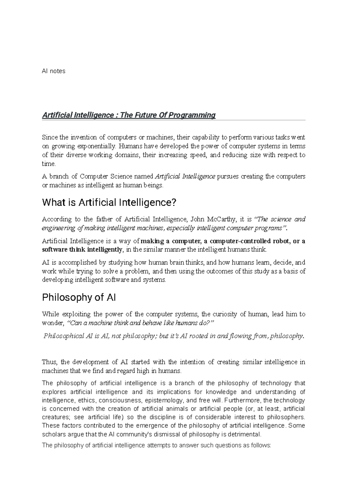 AI Notes - This course is most important and required in day today life ...