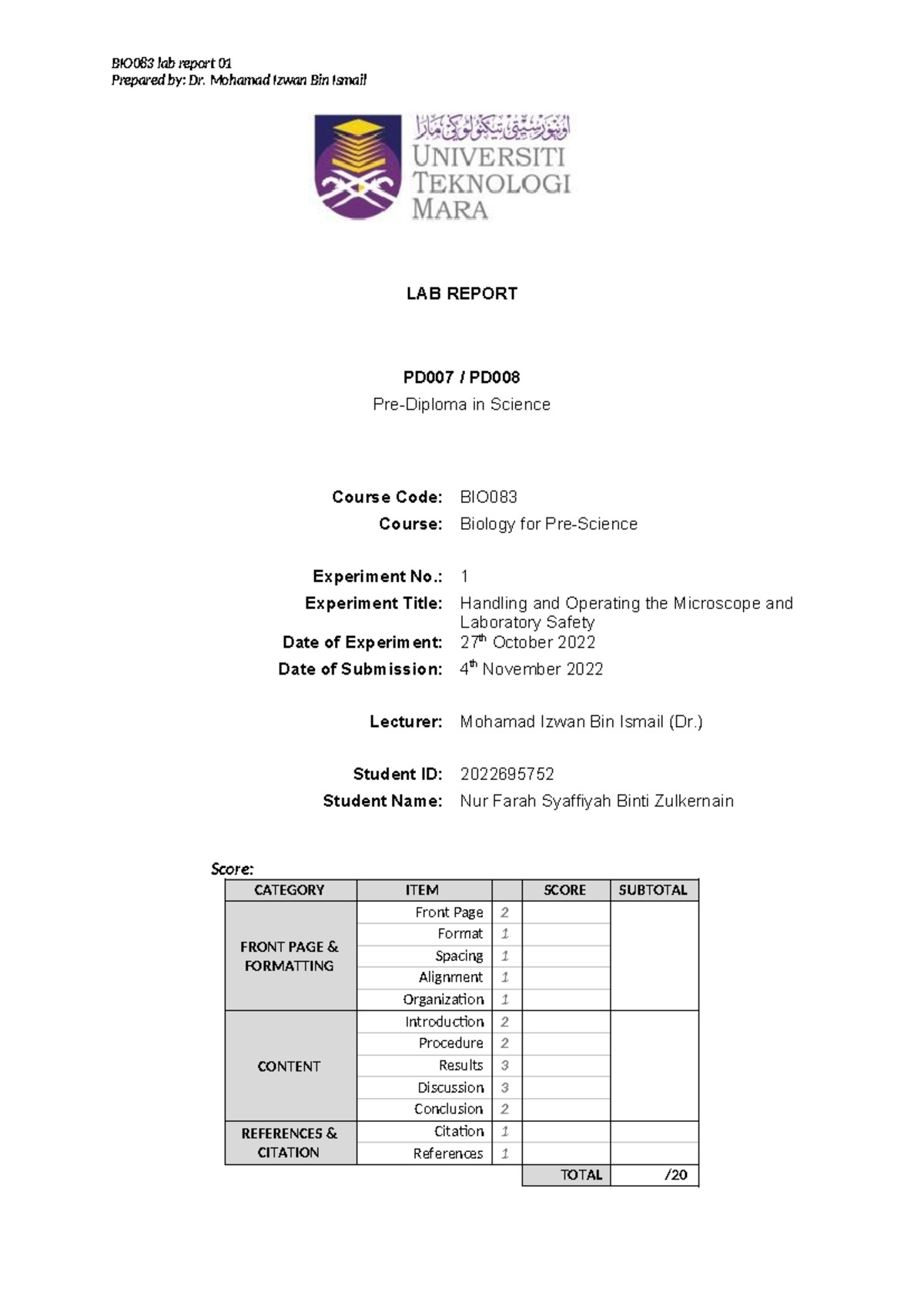 BIO083 LAB REPORT 1 INTRODUCTION TO BIOLOGY PRA DIPLOMA UITM 2023 PAST ...