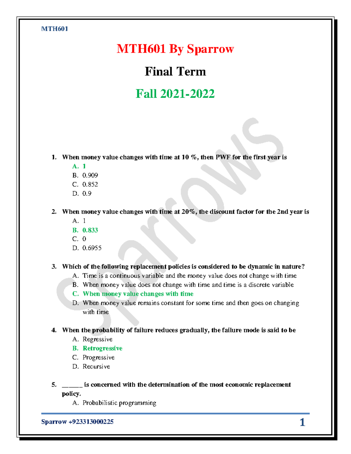 MTH601 Final Term MCQ's By Sparrows - MTH601 By Sparrow Final Term Fall 2021- 2022 When money ...