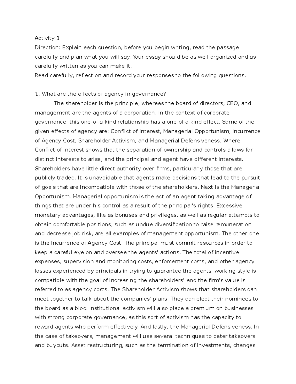 Activity 1 - good gov - Activity 1 Direction: Explain each question ...