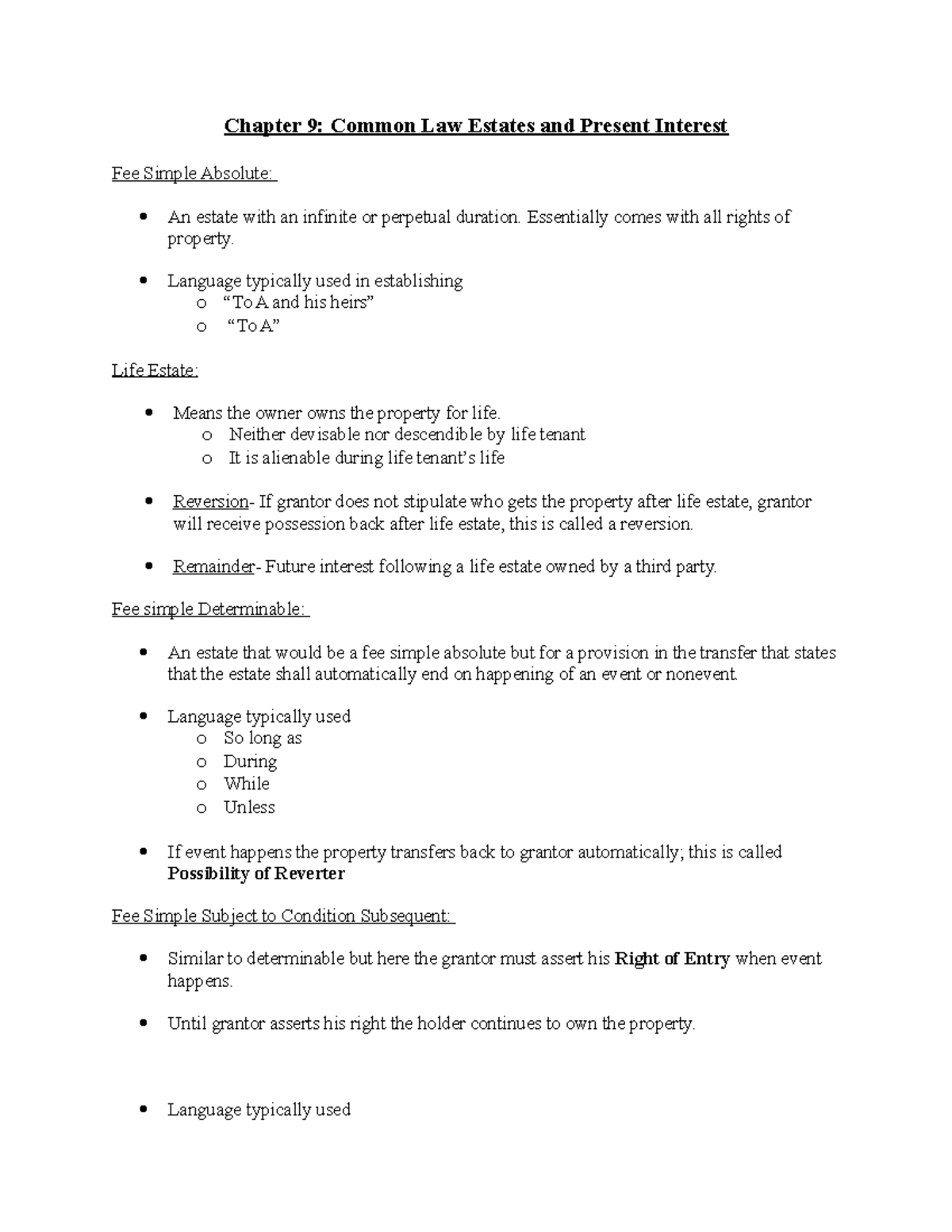 Property Outline E and E - Chapter 9: Common Law Estates and Present ...