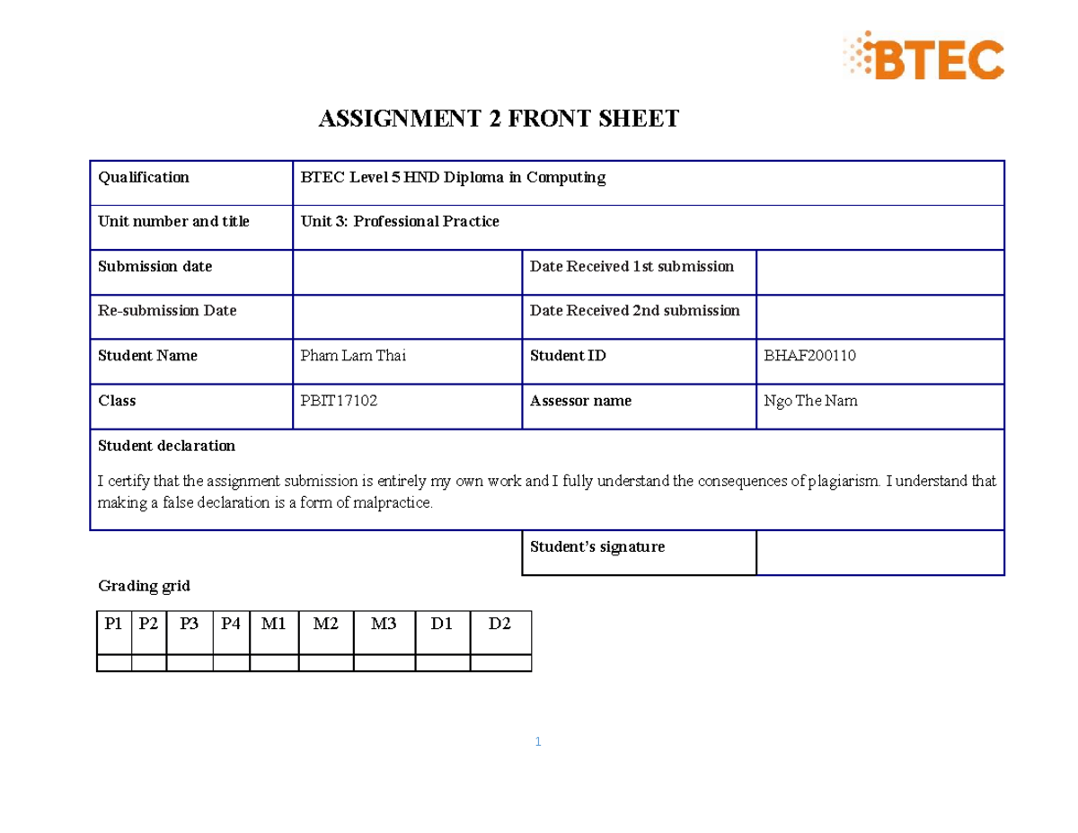 Assignment 2- Professional - ASSIGNMENT 2 FRONT SHEET Qualification ...