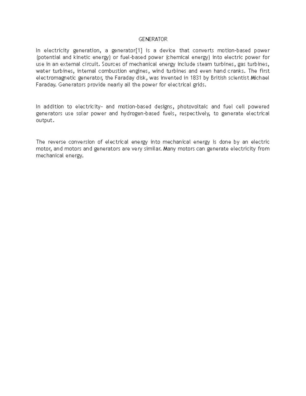 Generators - GENERATOR In electricity generation, a generator[1] is a ...