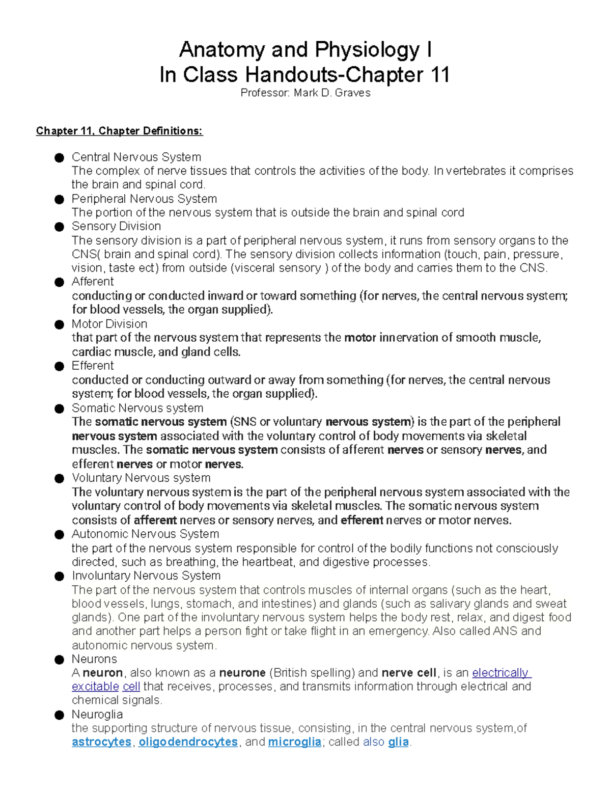 A&PI Ch 11 (Nervous System) Handout - Anatomy and Physiology I In Class ...