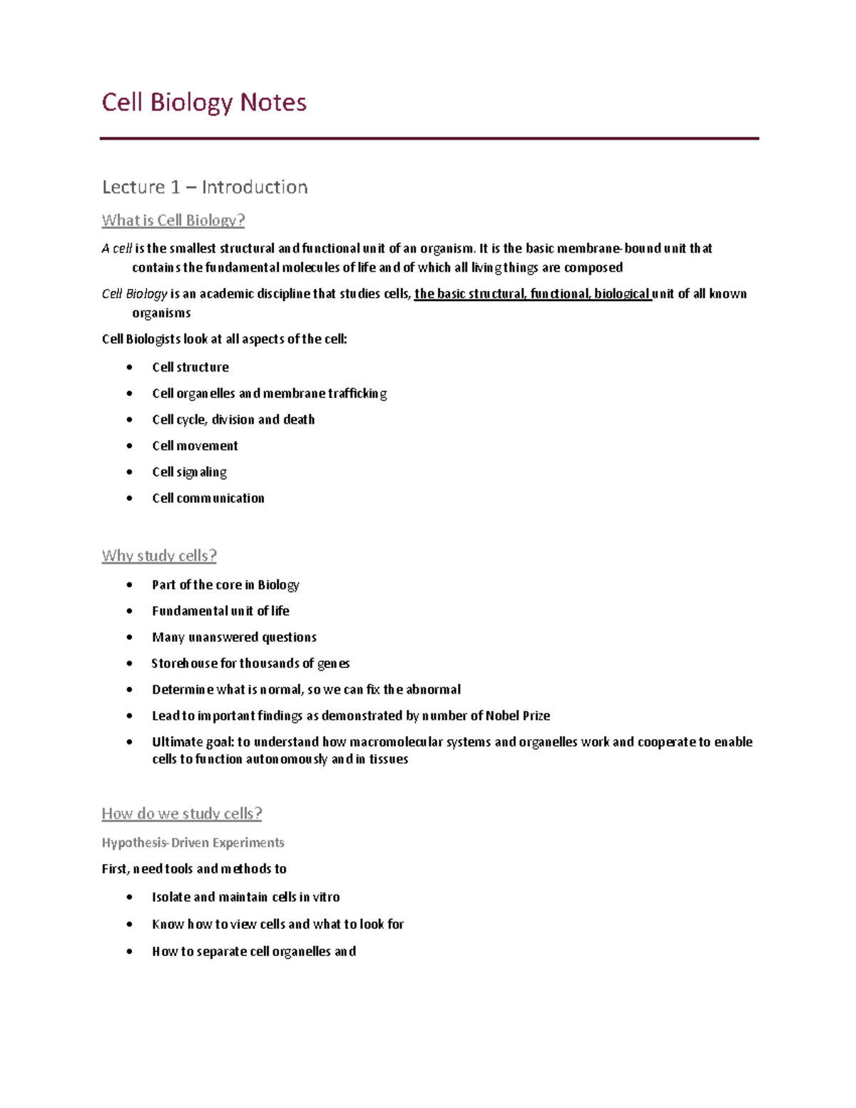 Cell Bio Notes Warning Tt Undefined Function 32 Cell Biology Notes Lecture 1 Introduction