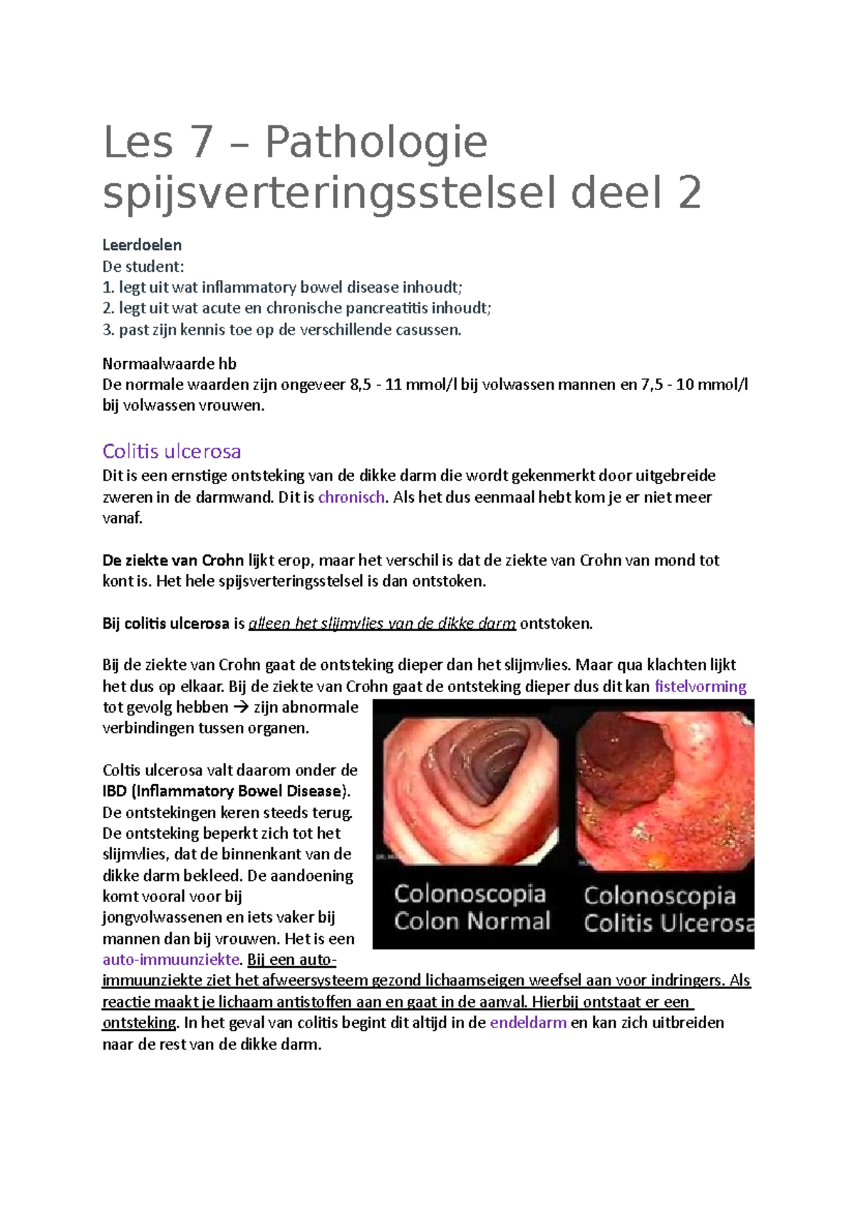 Les 7 Pathologie spijsverteringsstelsel deel 2 - Les 7 – Pathologie ...