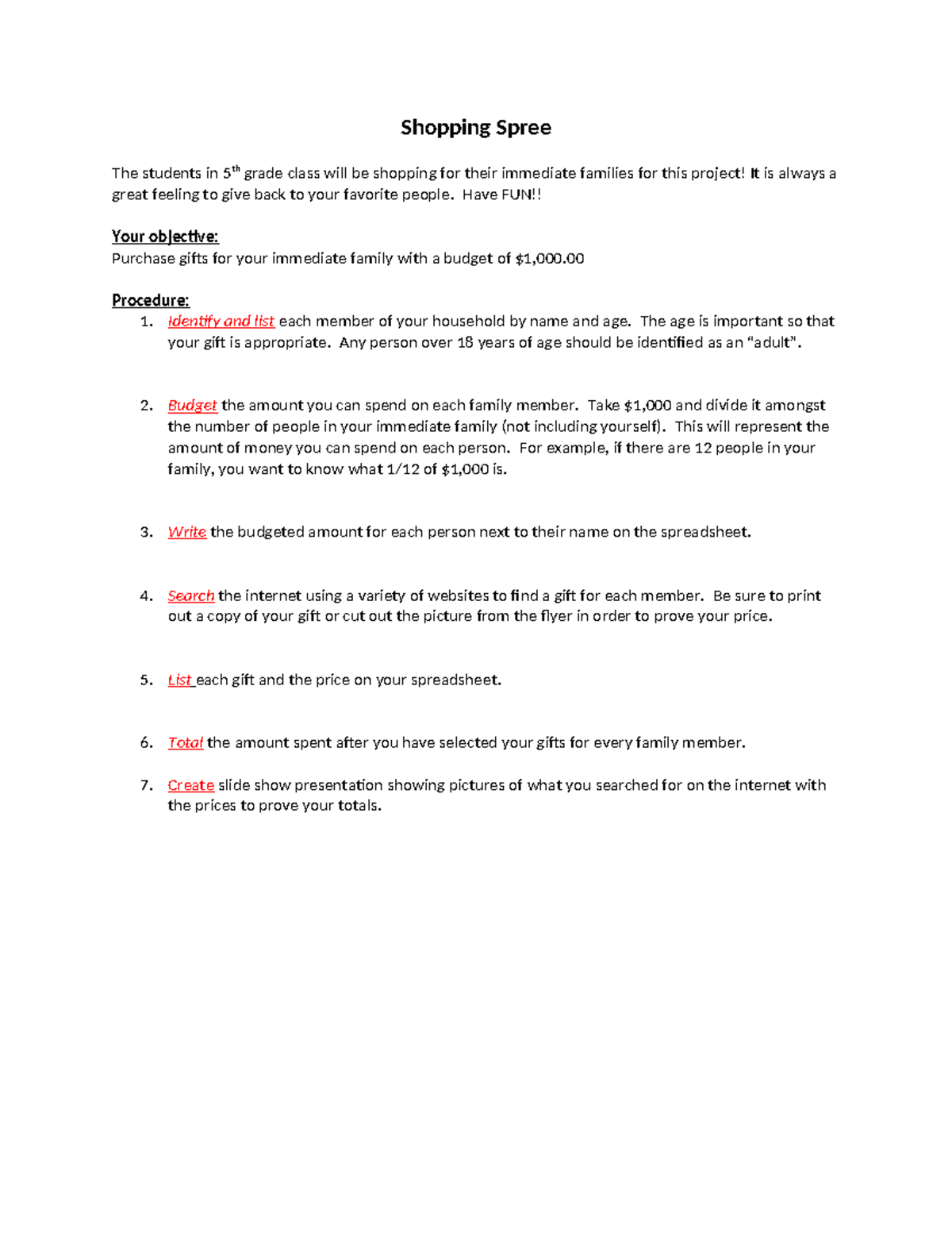 Lesson plan for 5th grade Financial literacy Budget shopping spree ...