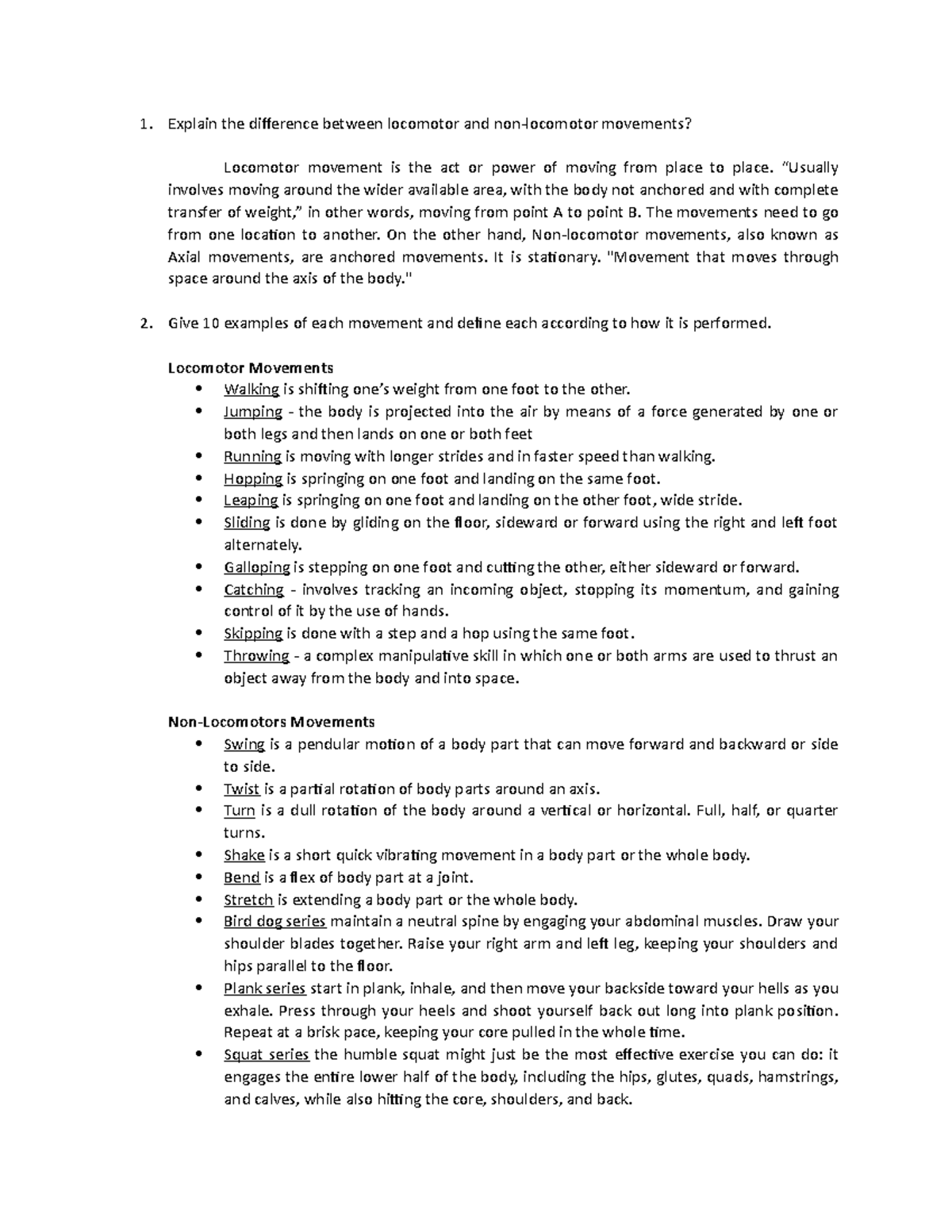 Locomotor and Non-Locomotor Movements - Explain the difference between ...