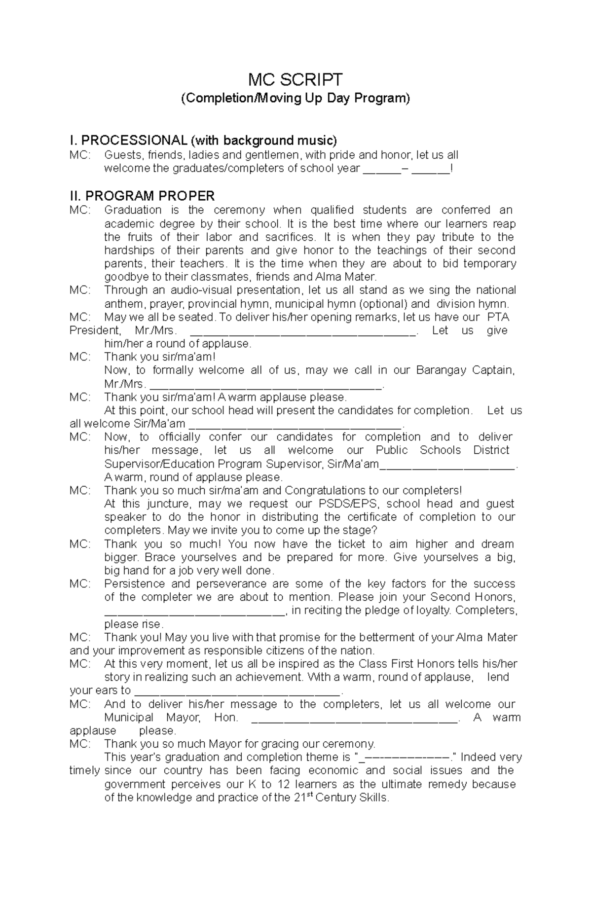 Emcee Script FOR Moving UP OR Graduation - MC SCRIPT (Completion/Moving ...