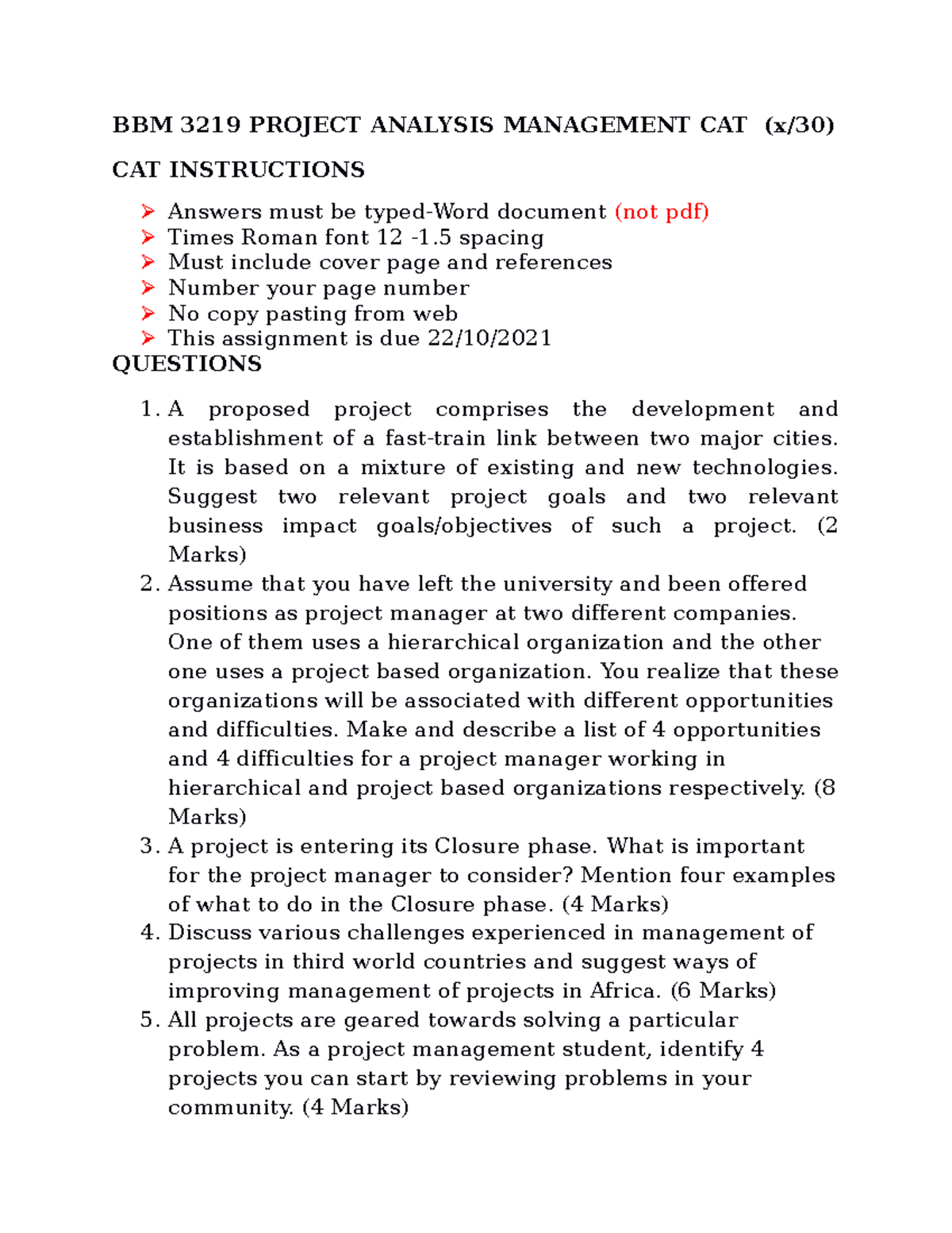 BBM 3219 Project Analysis Management CAT - BBM 3219 PROJECT ANALYSIS MANAGEMENT CAT (x/30) CAT ...