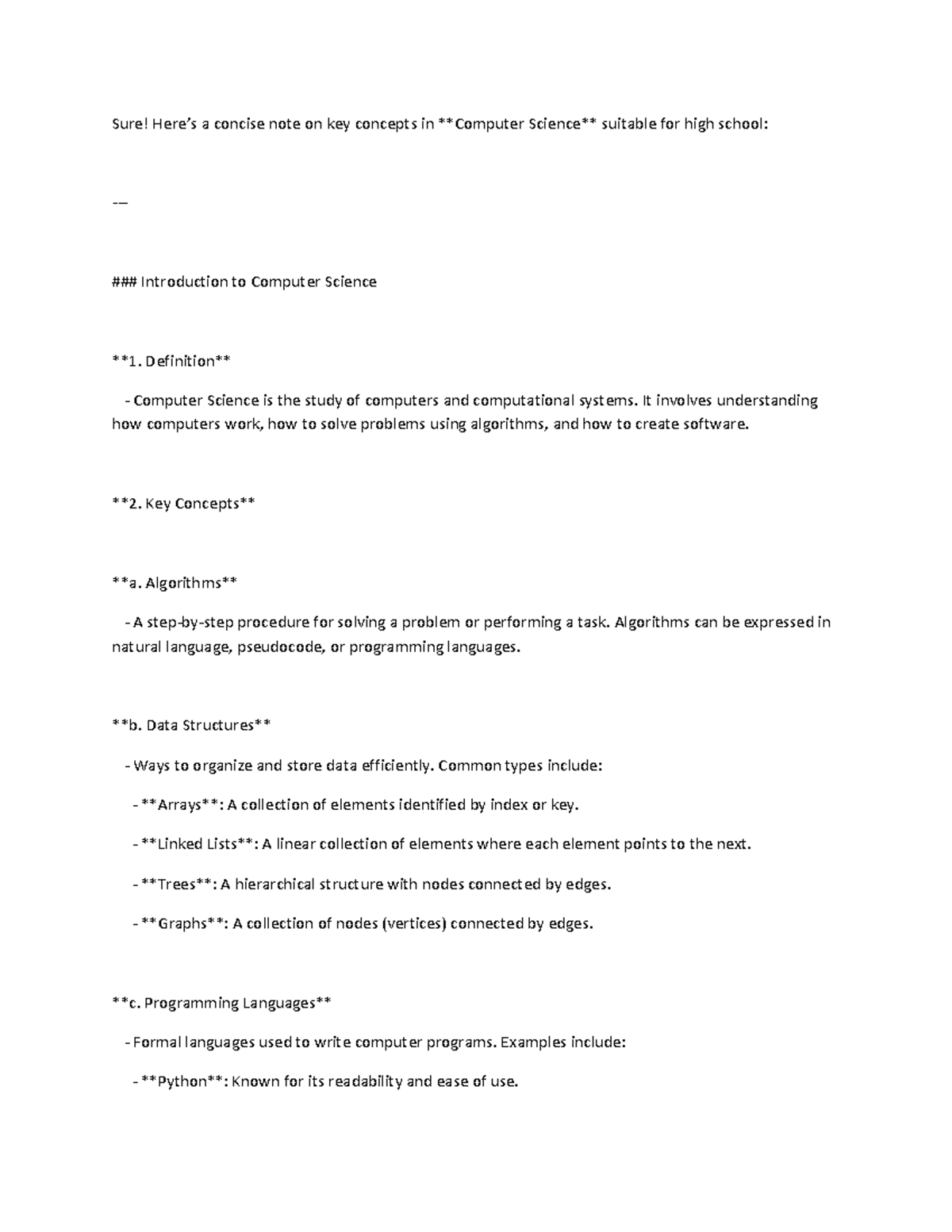 Introduction to Computer Science - Sure! Here’s a concise note on key concepts in Computer ...