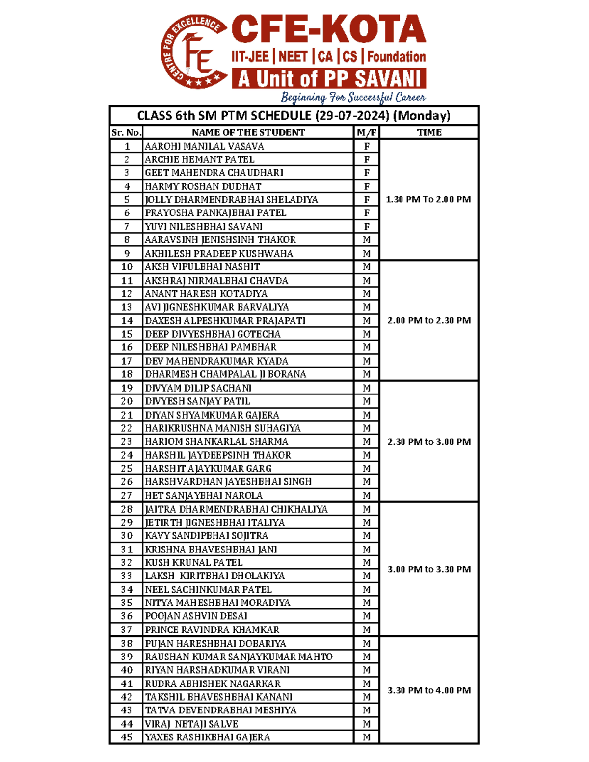 Class 6 SM PTM Schedule - Ye yeby3by3b3b3y - Sr. No. NAME OF THE ...