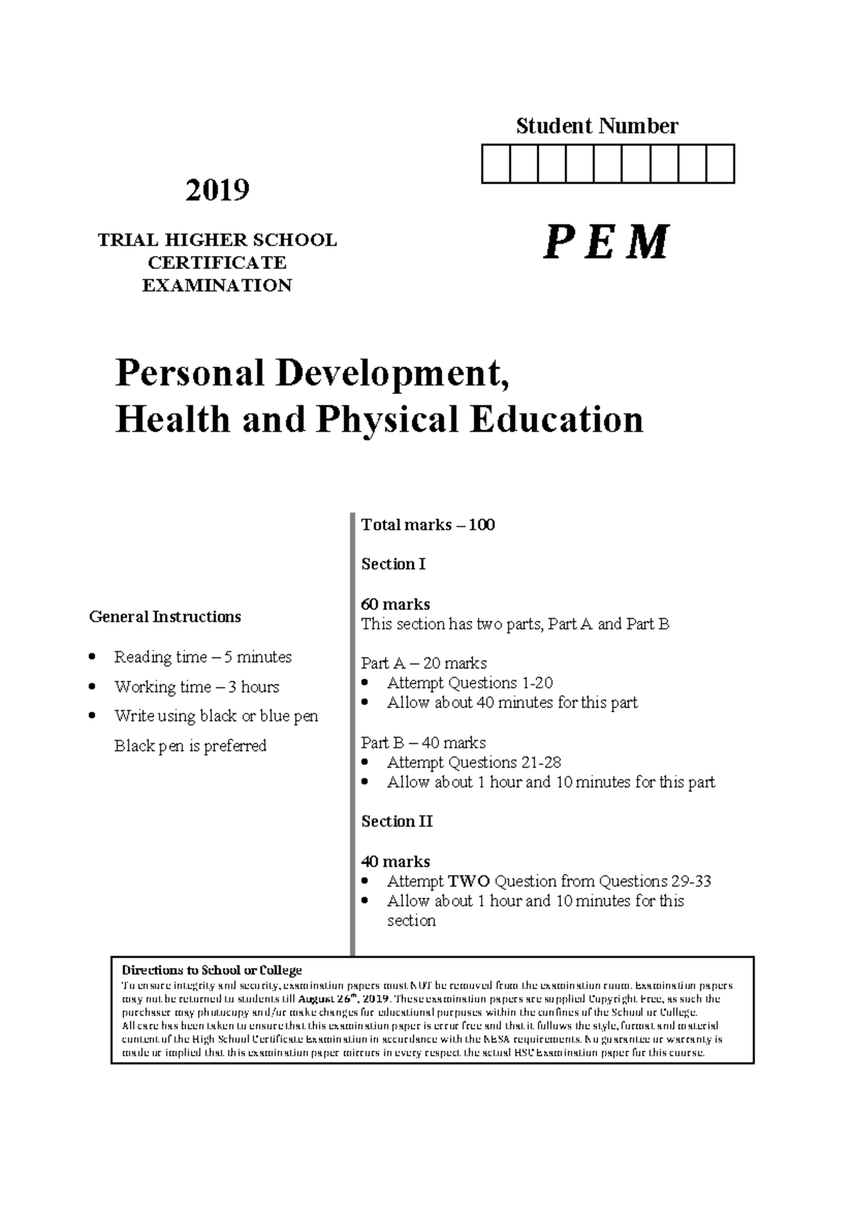 PEM 2019 Pdhpe Trial HSC Examination paper - 2019 TRIAL HIGHER SCHOOL ...