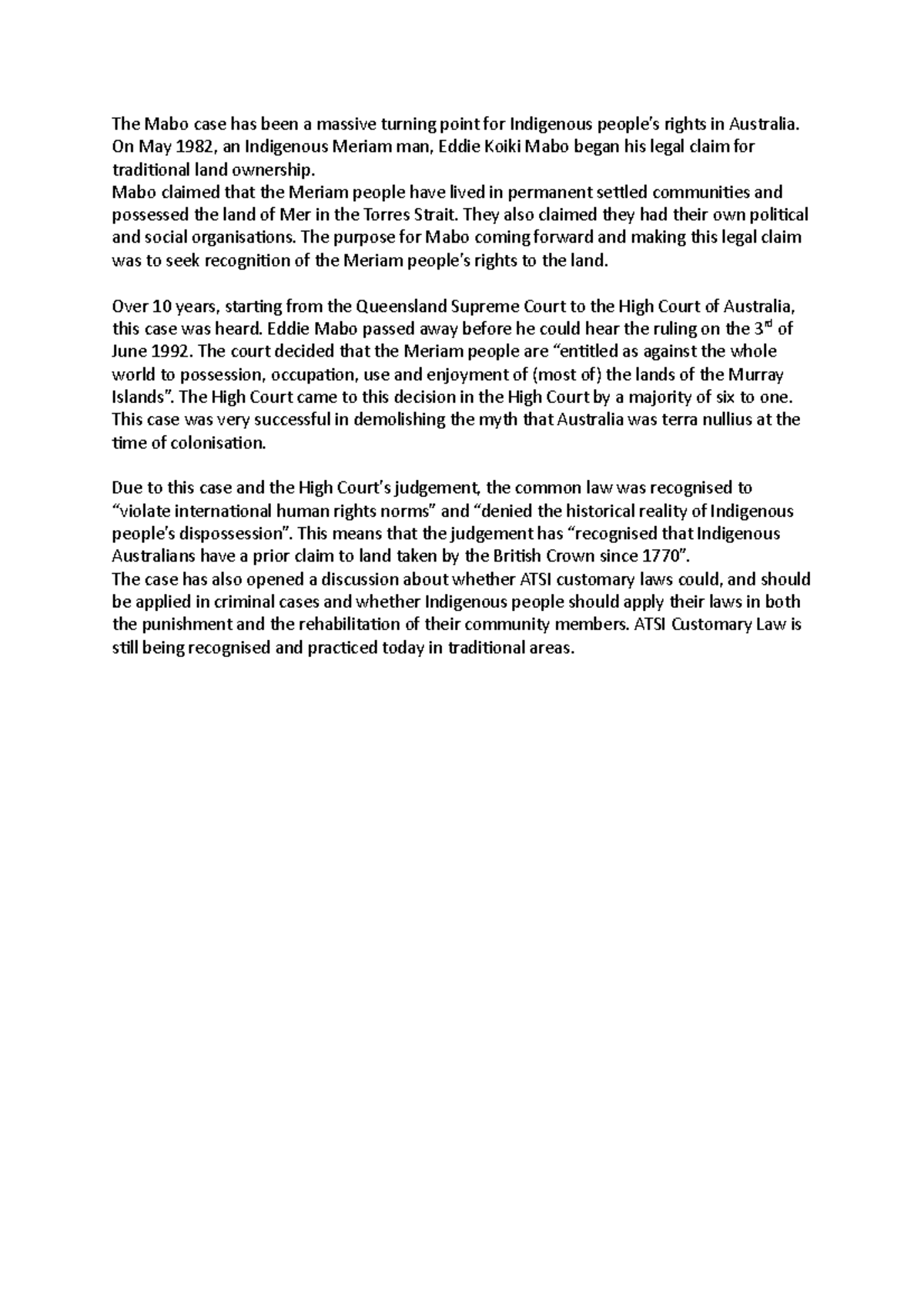 Mabo case - summary about eddy mabo - The Mabo case has been a massive ...