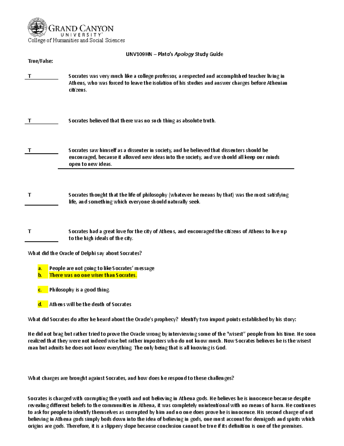 Plato's Apology Study Guide r4 - College of Humanities and Social ...