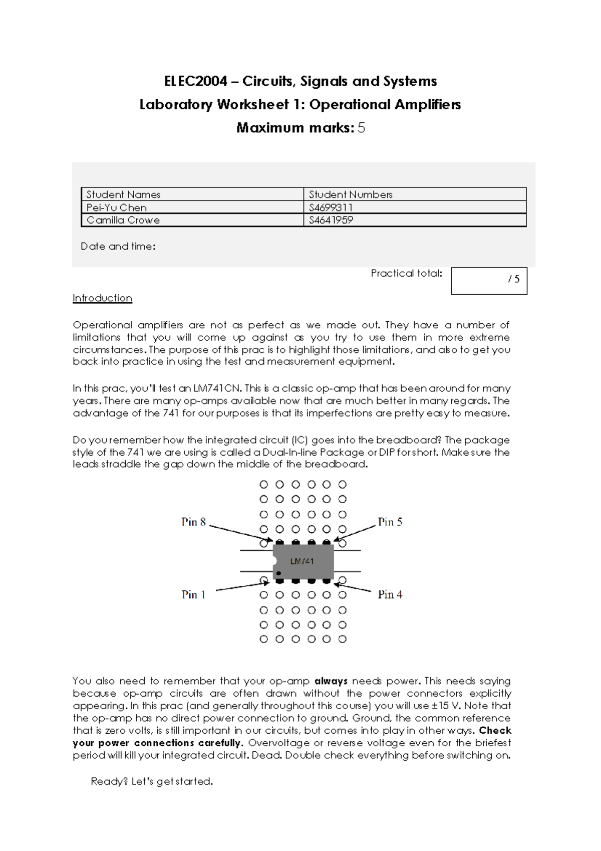 Lab worksheet 1 - Operational Amplifiers - ELEC2004 – Circuits, Signals and Systems Laboratory ...