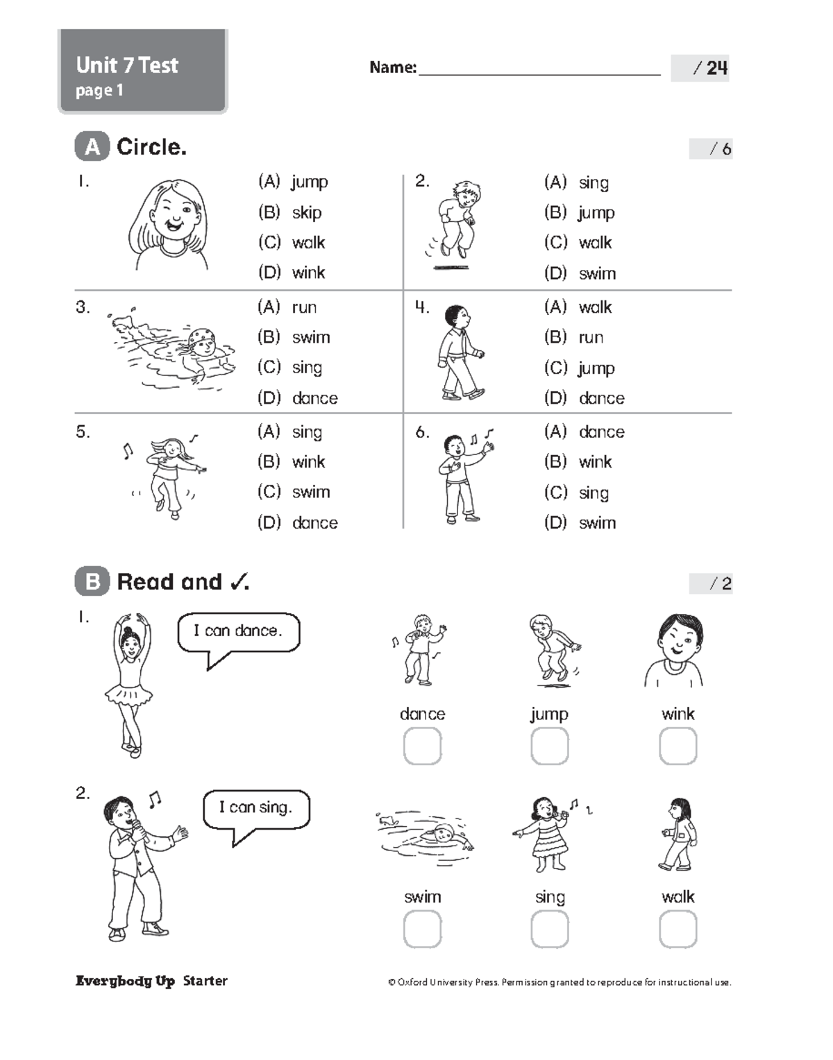 EU2e Starter UT7 - A Circle. / 6 Unit 7 Test page 1 (A) jump (B) skip ...